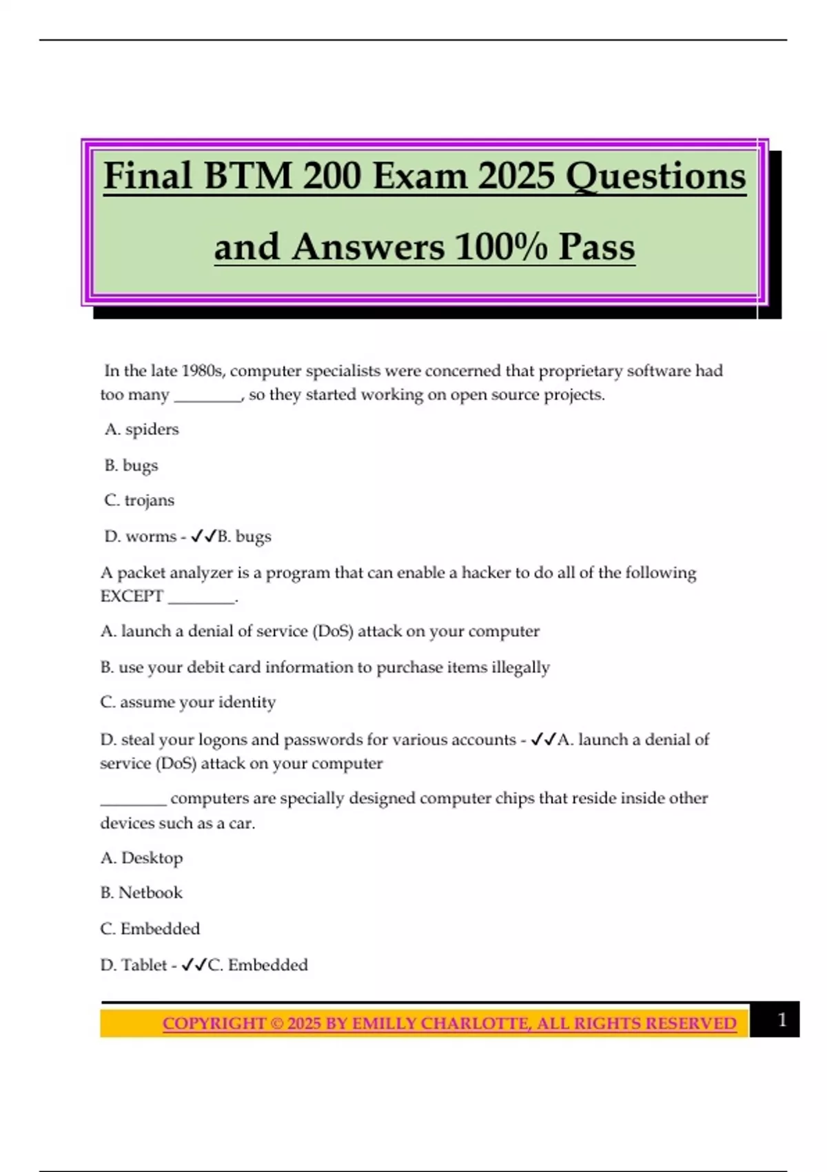 Final BTM 200 Exam 2025 Questions and Answers 100% Pass - BTM - Stuvia US