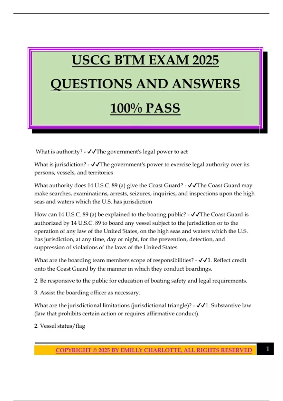 USCG BTM EXAM 2025 QUESTIONS AND ANSWERS 100% PASS - BTM - Stuvia US