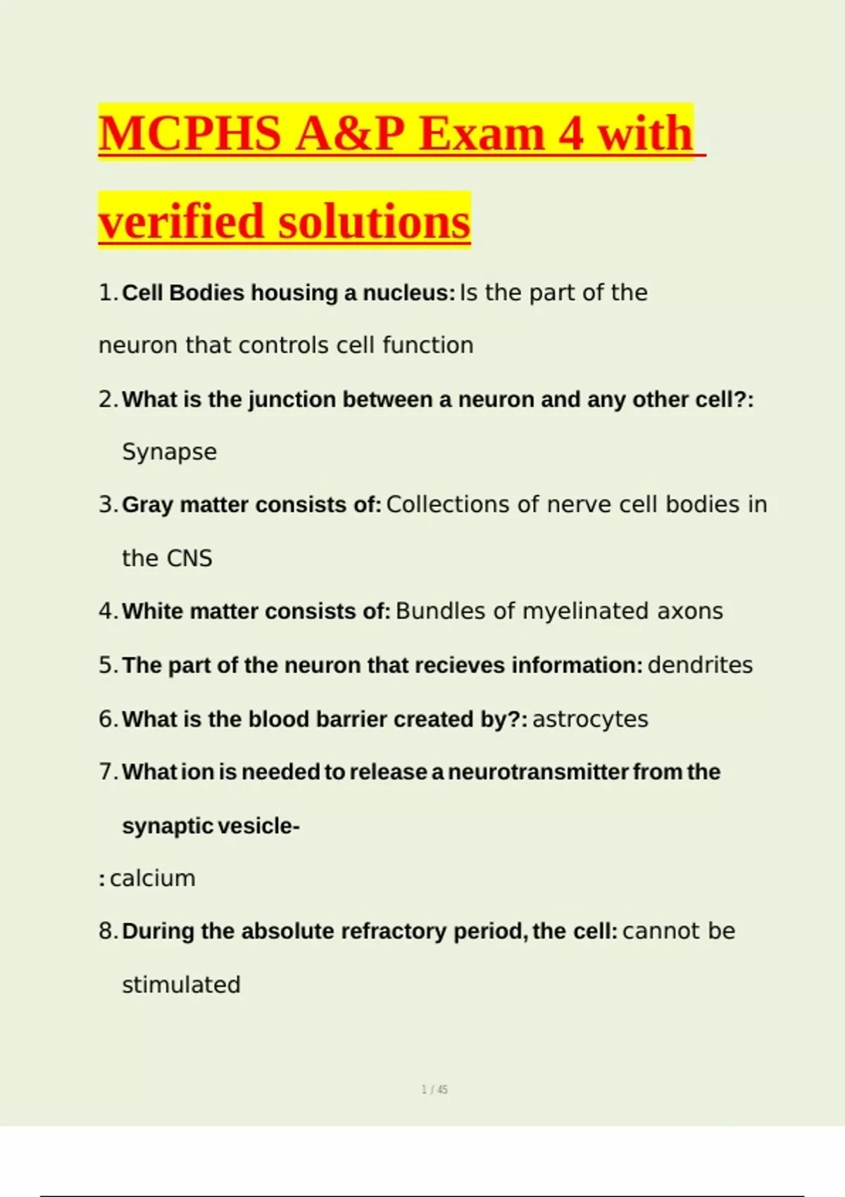 MCPHS A&P Exam 4 with verified solutions - Anatomy And Physiology ...