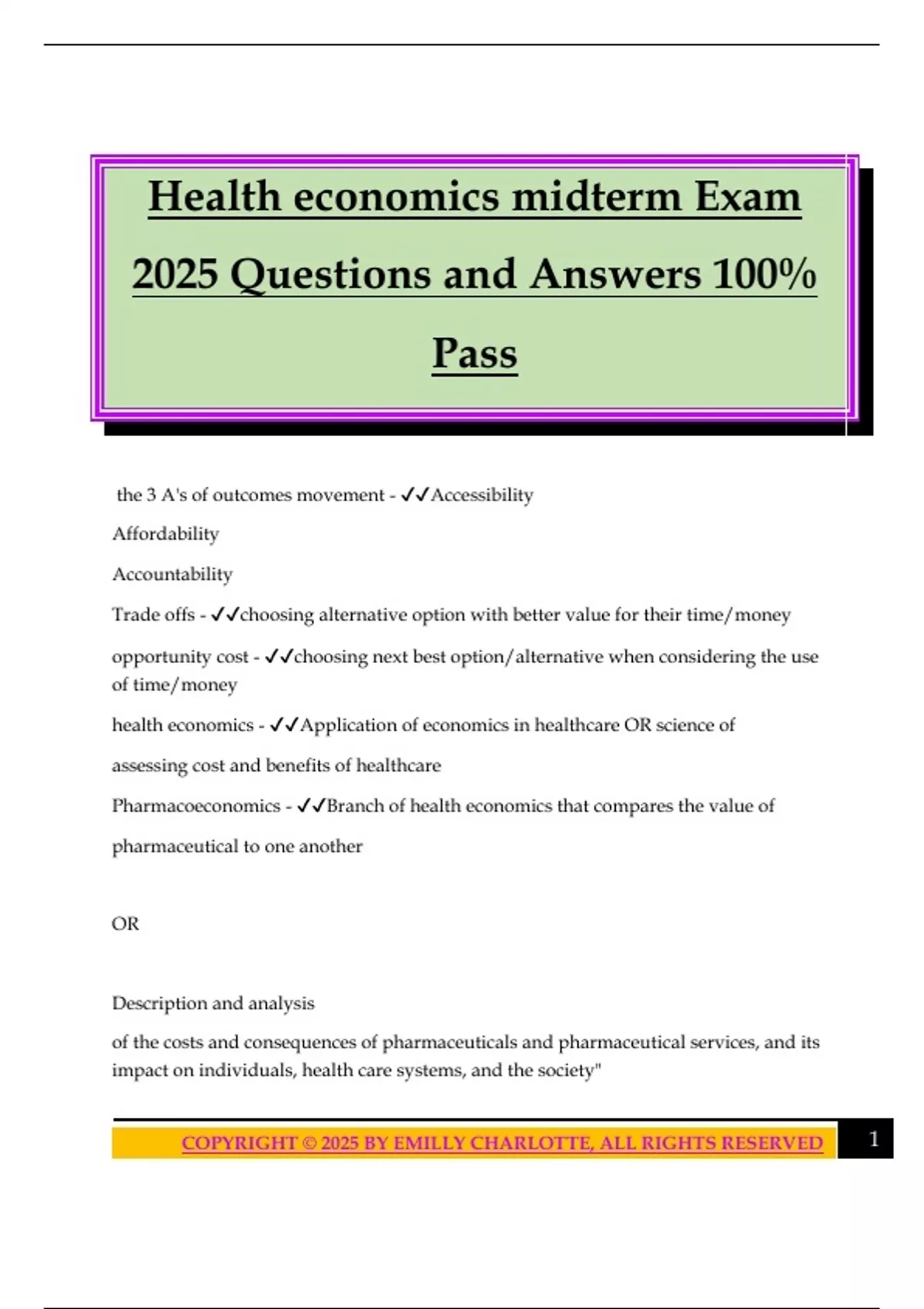 Health economics midterm Exam 2025 Questions and Answers 100% Pass ...