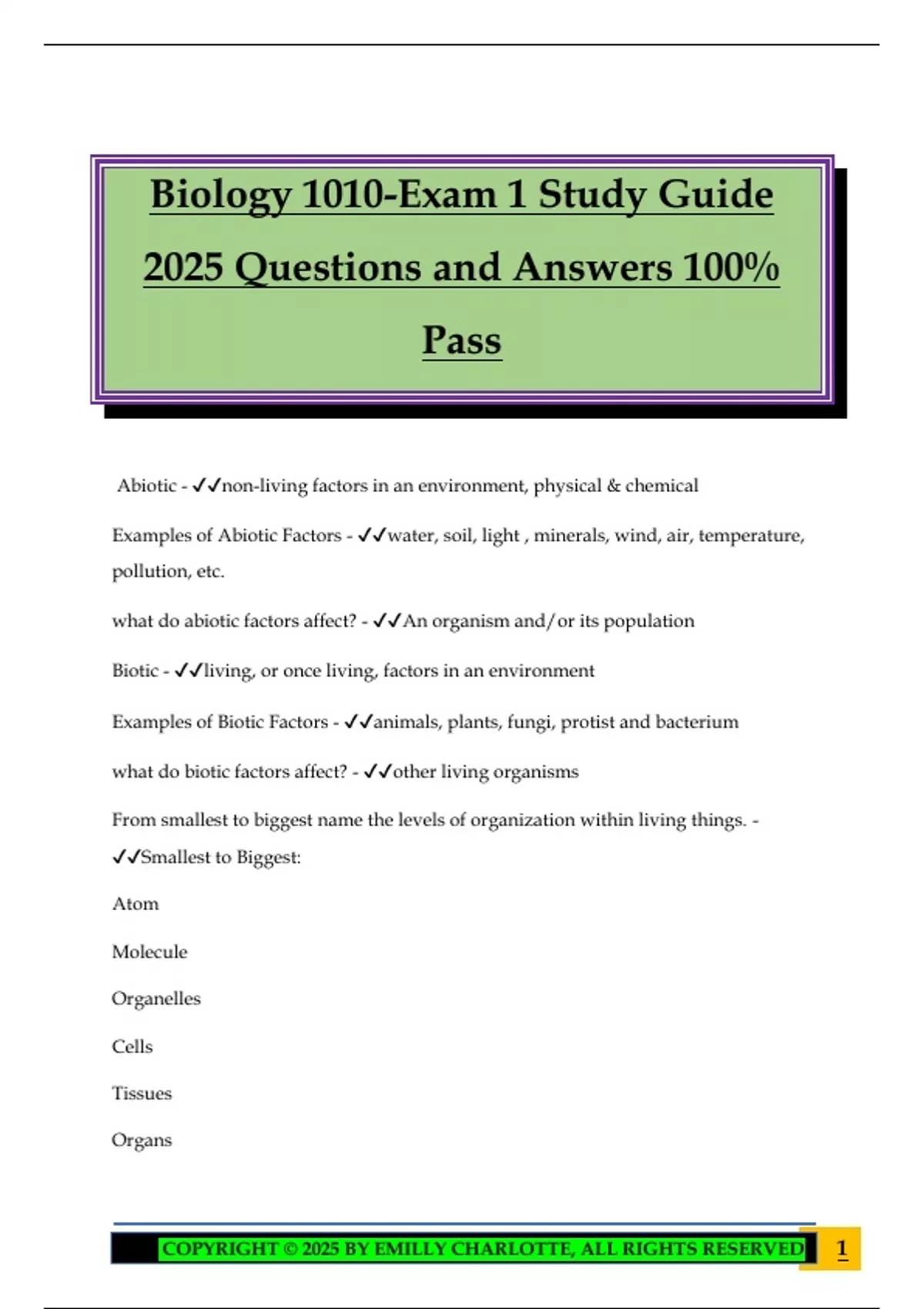 Biology 1010-Exam 1 Study Guide 2025 Questions and Answers 100% Pass ...