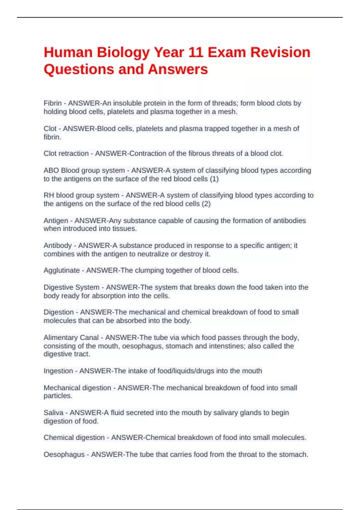 Human Biology Year 11 Exam Revision Questions and Answers - Human ...