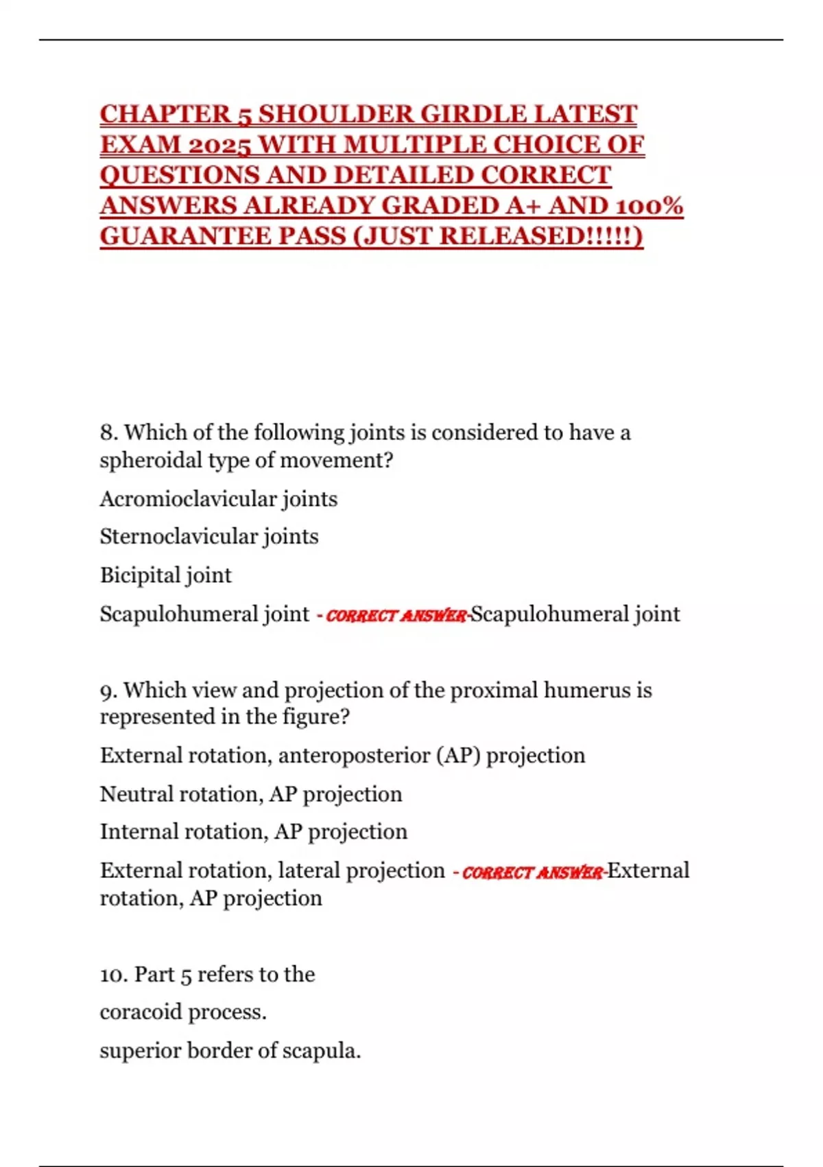 CHAPTER 5 SHOULDER GIRDLE LATEST EXAM 2025 WITH MULTIPLE CHOICE OF ...