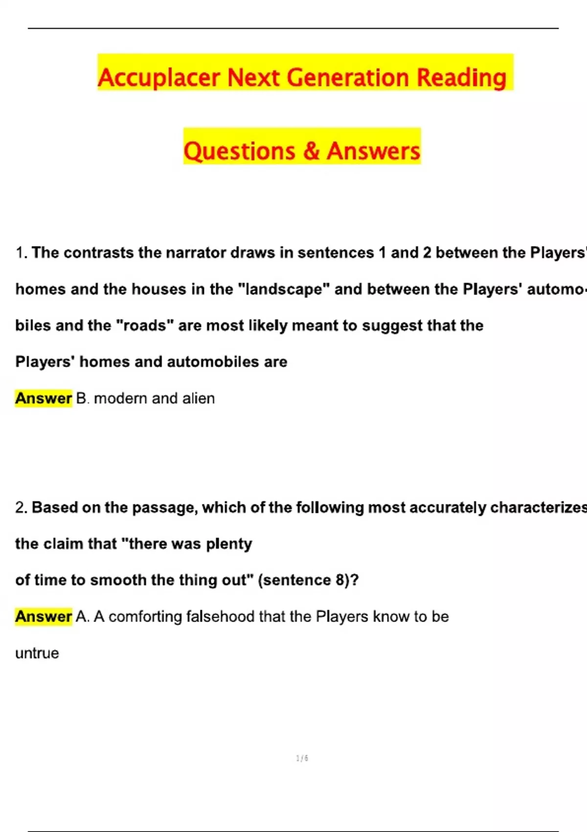 Accuplacer Next Generation Reading Exam Actual 2025 With Questions And Answers Latest 2025