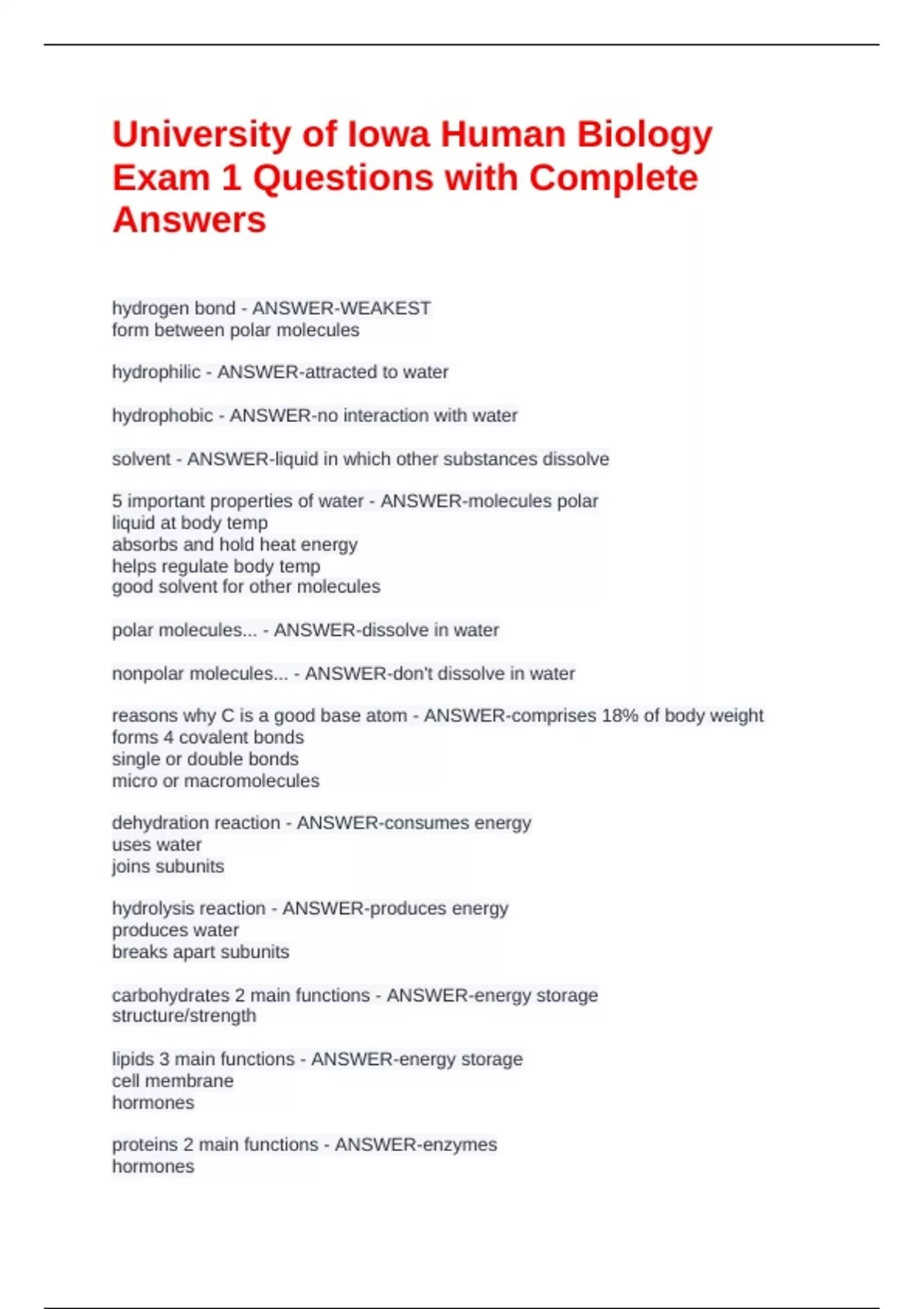 University of Iowa Human Biology Exam 1 Questions with Complete Answers ...
