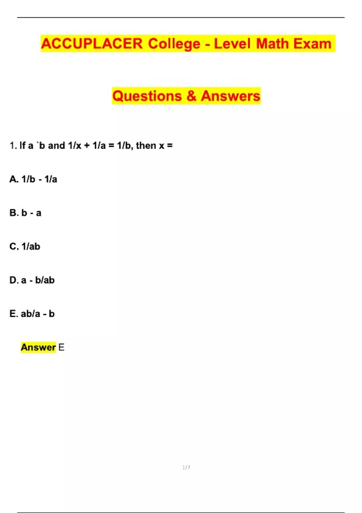 Accuplacer College-Level Math Exam Actual 2025 with Questions and ...