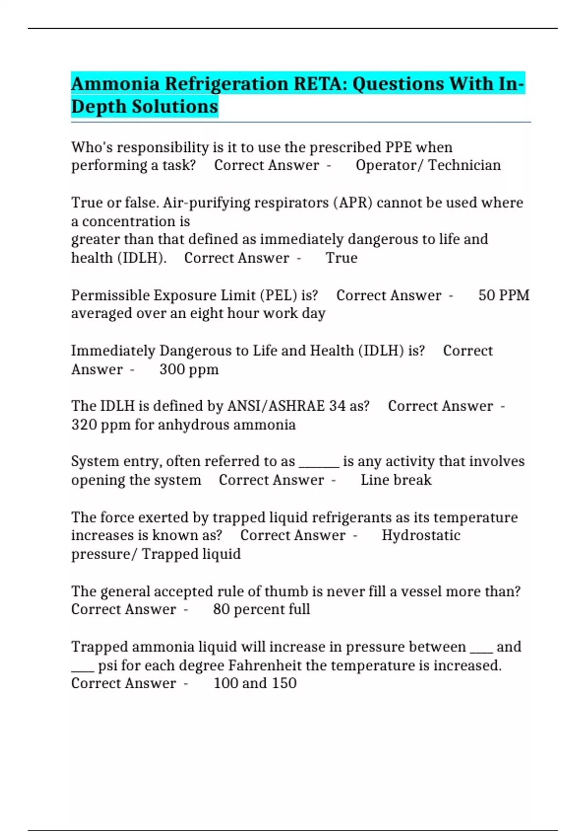 Ammonia Refrigeration RETA: Questions With In-Depth Solutions - RETA ...