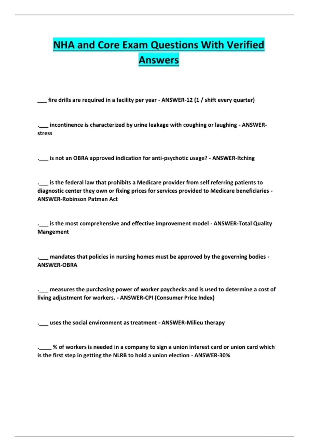 NHA and Core Exam Questions With Verified Answers - NHA and Core ...