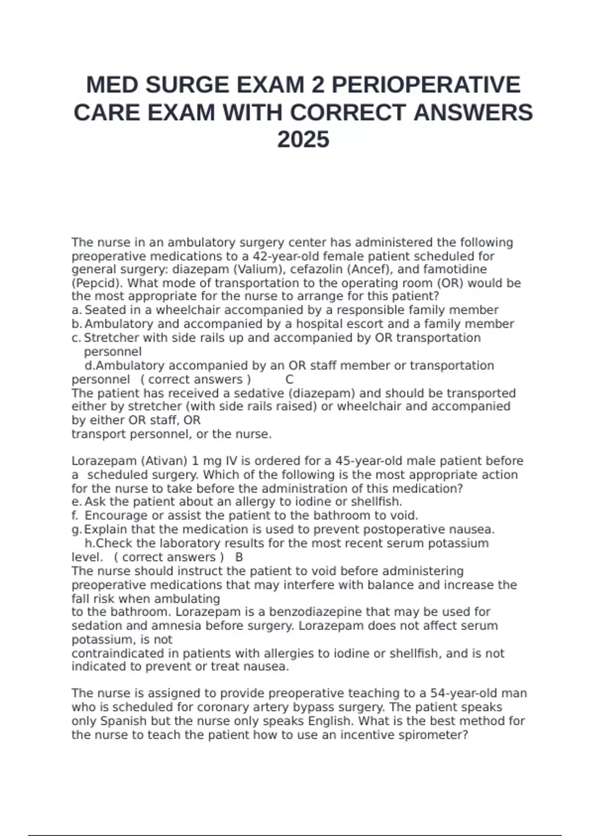 MED SURGE EXAM 2 PERIOPERATIVE CARE EXAM WITH CORRECT ANSWERS 2025 ...