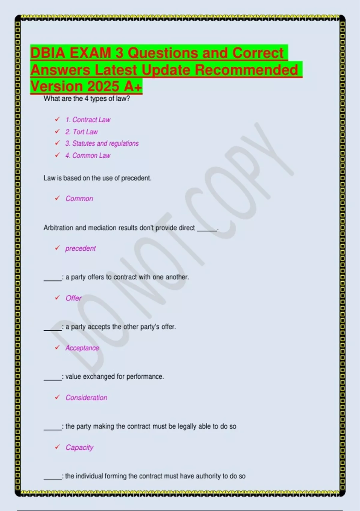 DBIA EXAM 3 Questions and Correct Answers Latest Update Recommended ...