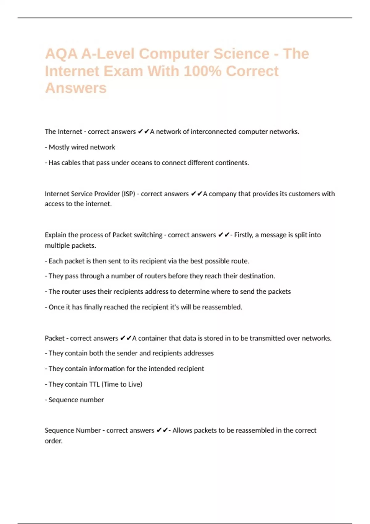 AQA A-Level Computer Science - The Internet Exam With 100% Correct Answers - AQA A-Level ...