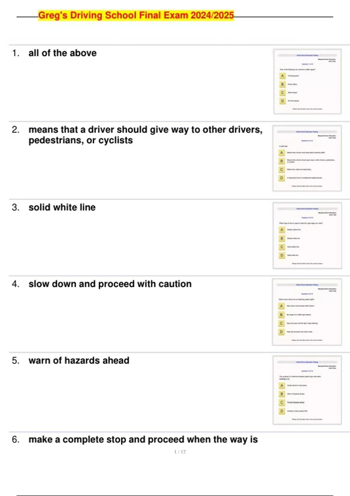 Greg's Driving School Final Exam 2024/2025 - DEFENSIVE DRIVING - Stuvia US
