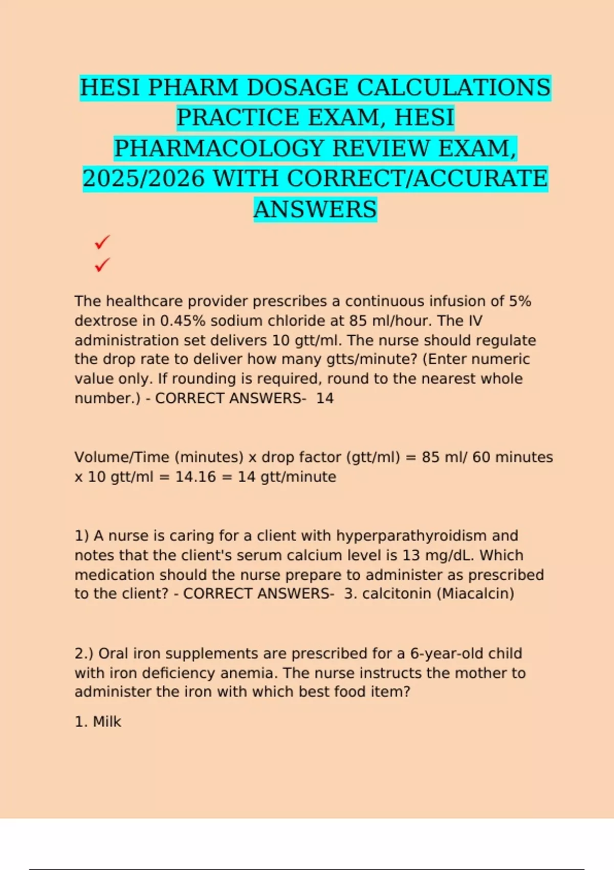 HESI PHARM DOSAGE CALCULATIONS PRACTICE EXAM, HESI PHARMACOLOGY REVIEW EXAM, 2025/2026 WITH ...