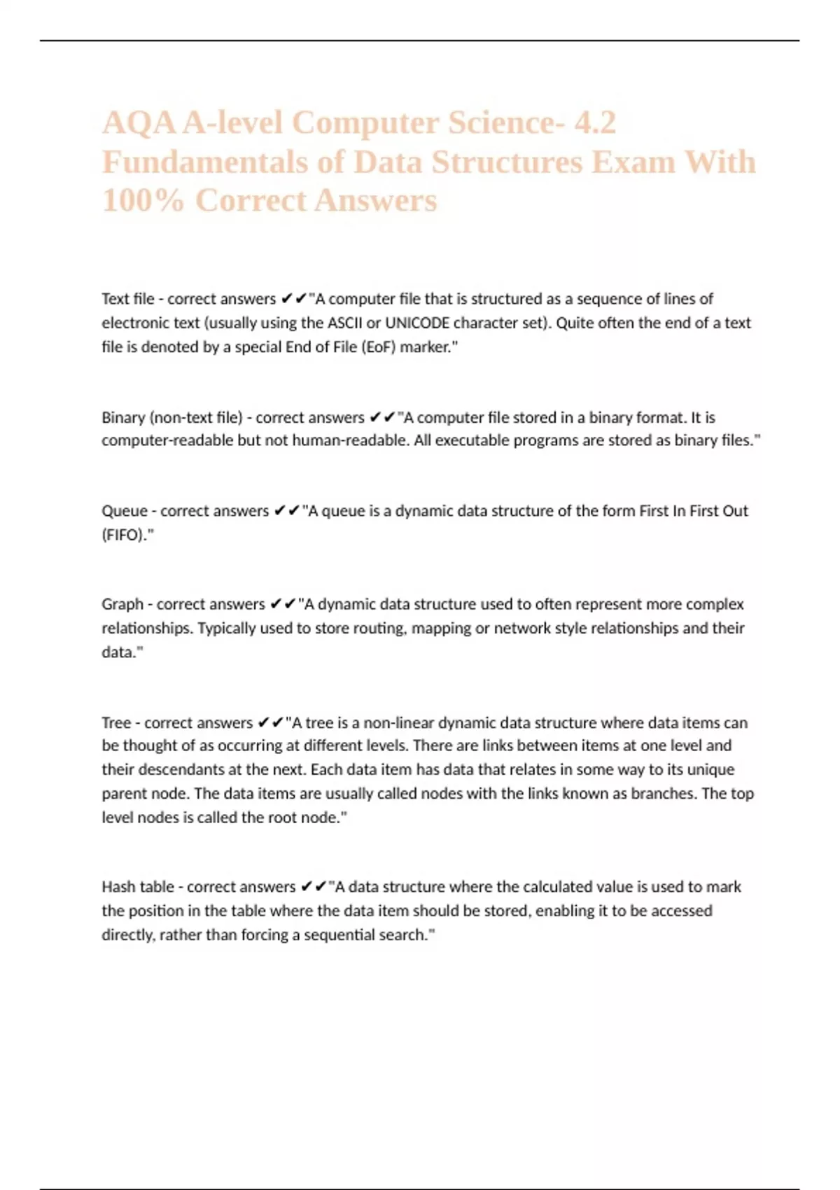 AQA A-level Computer Science- 4.2 Fundamentals of Data Structures Exam With 100% Correct Answers ...
