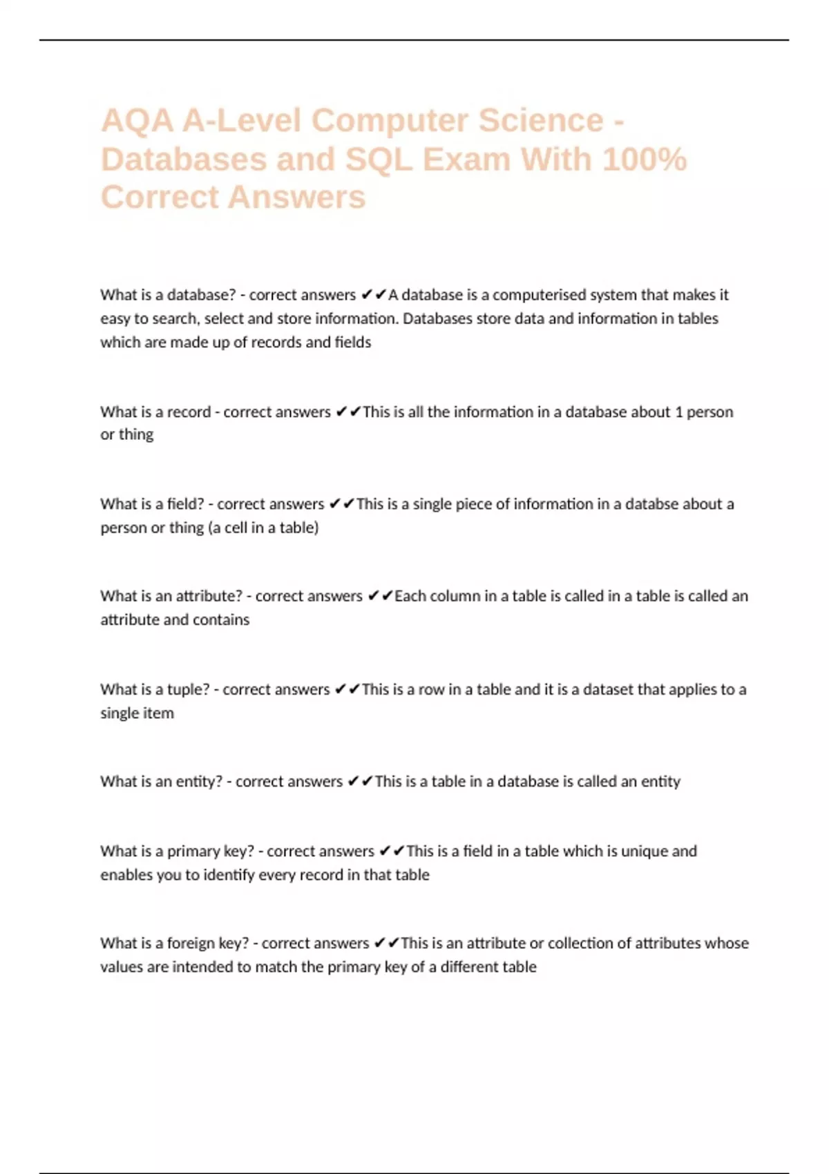 AQA A-Level Computer Science - Databases and SQL Exam With 100% Correct Answers - AQA A-Level ...