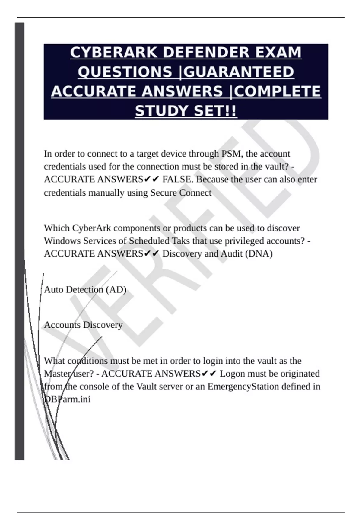 CYBERARK DEFENDER EXAM QUESTIONS |GUARANTEED ACCURATE ANSWERS |COMPLETE ...