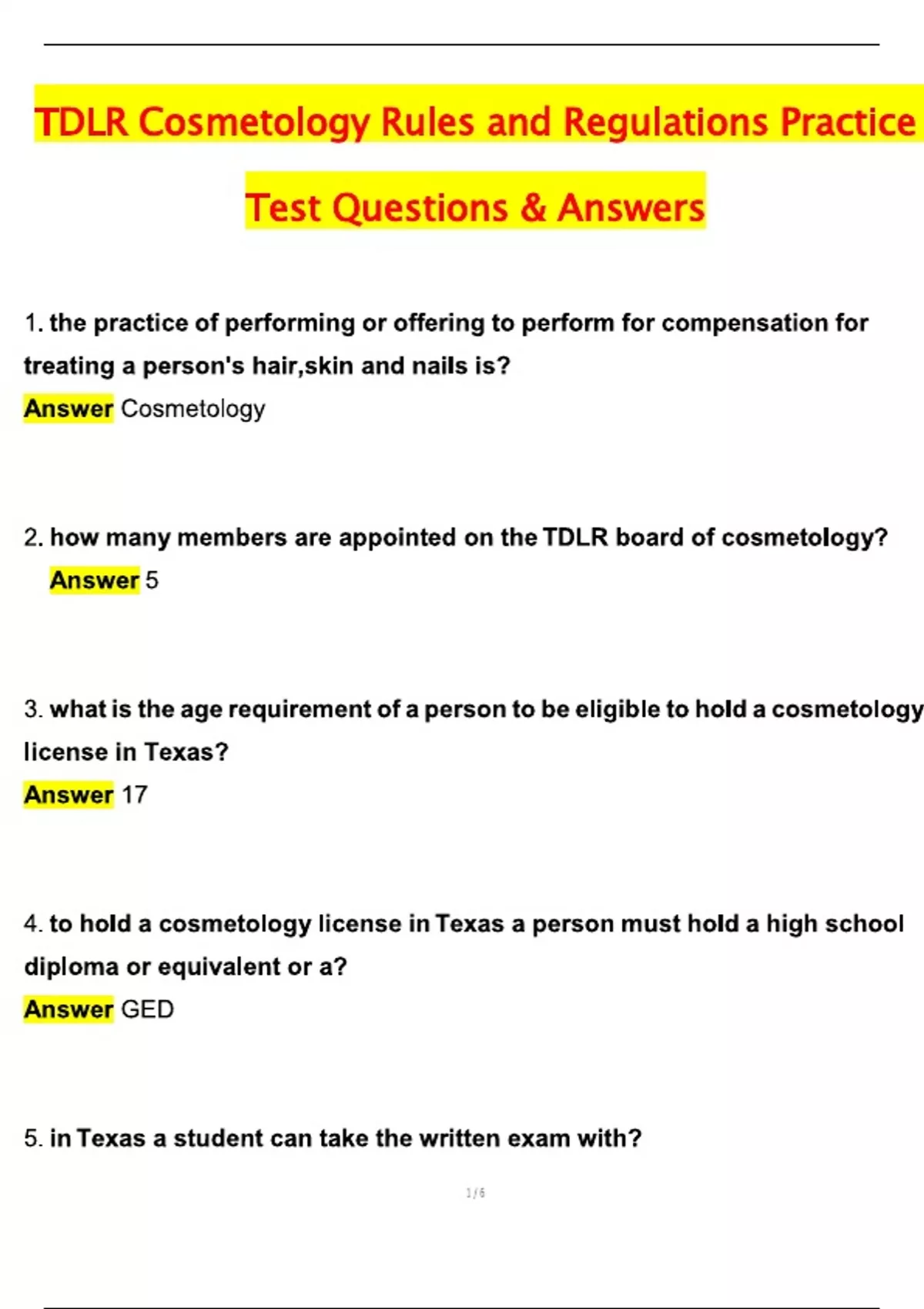 TDLR Cosmetology Rules and Regulations Practice Test Actual 2025 with ...
