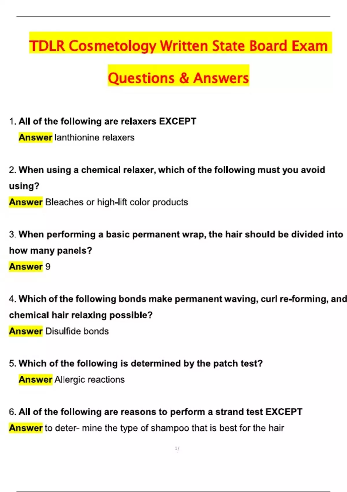 TDLR Cosmetology Written State Board Exam Actual 2025 with Questions ...