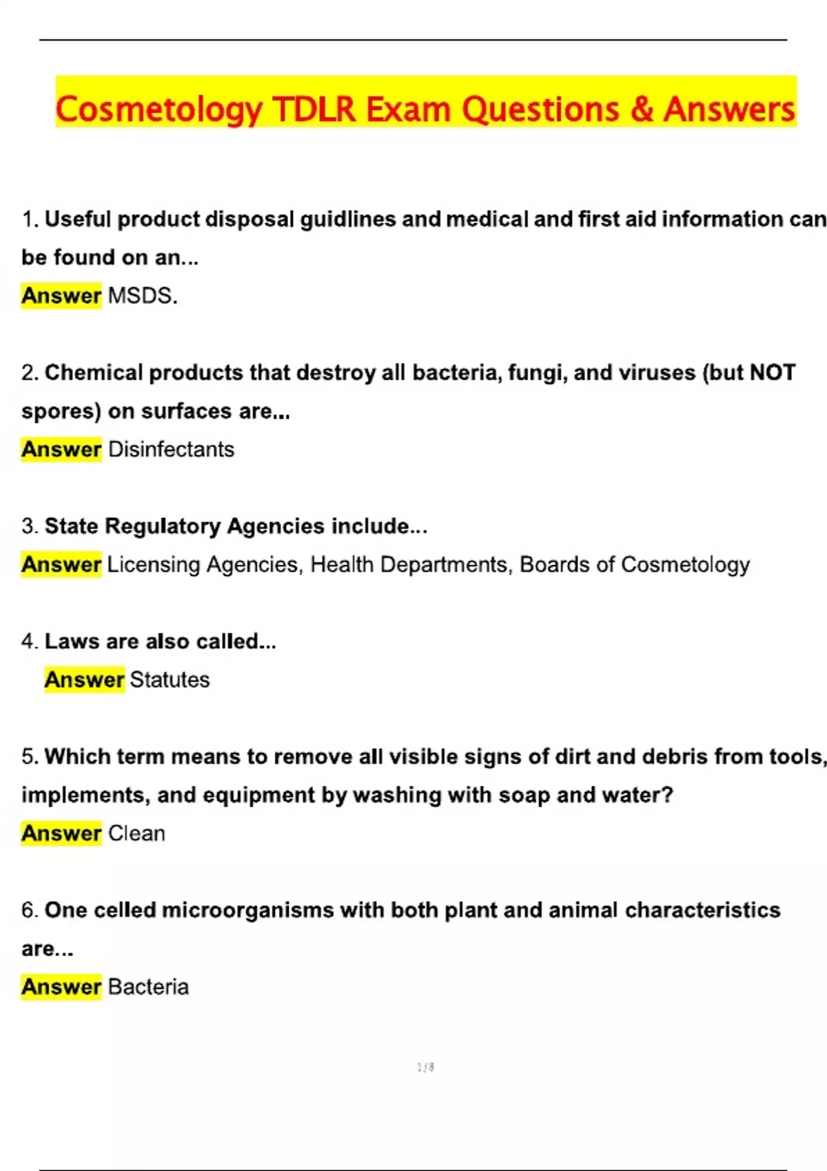 TDLR Cosmetology Exam Actual 2025 with Questions & Answers (Latest 2025 ...