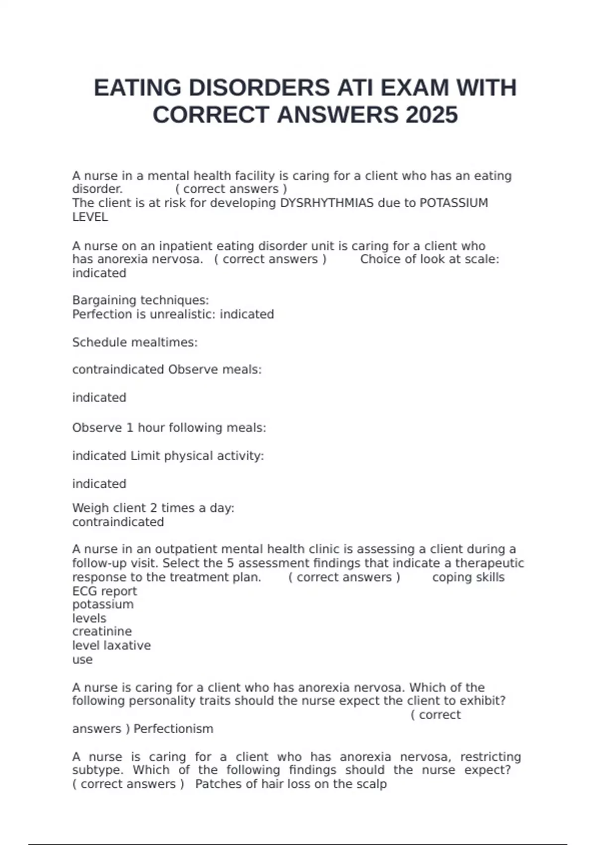 EATING DISORDERS ATI EXAM WITH CORRECT ANSWERS 2025 - EATING DISORDERS ...