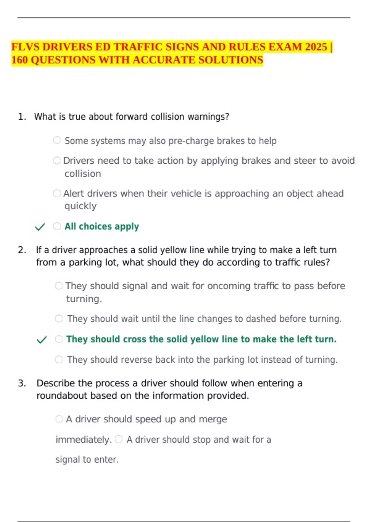 FLVS DRIVERS ED TRAFFIC SIGNS AND RULES EXAM 2025 | 160 QUESTIONS WITH ACCURATE SOLUTIONS - FLVS ...