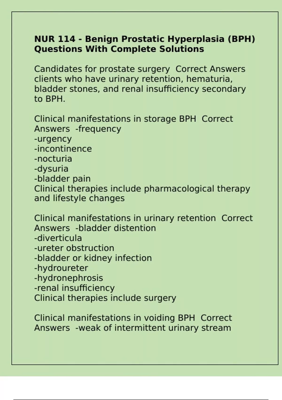 NUR 114 - Benign Prostatic Hyperplasia (BPH) Questions With Complete ...