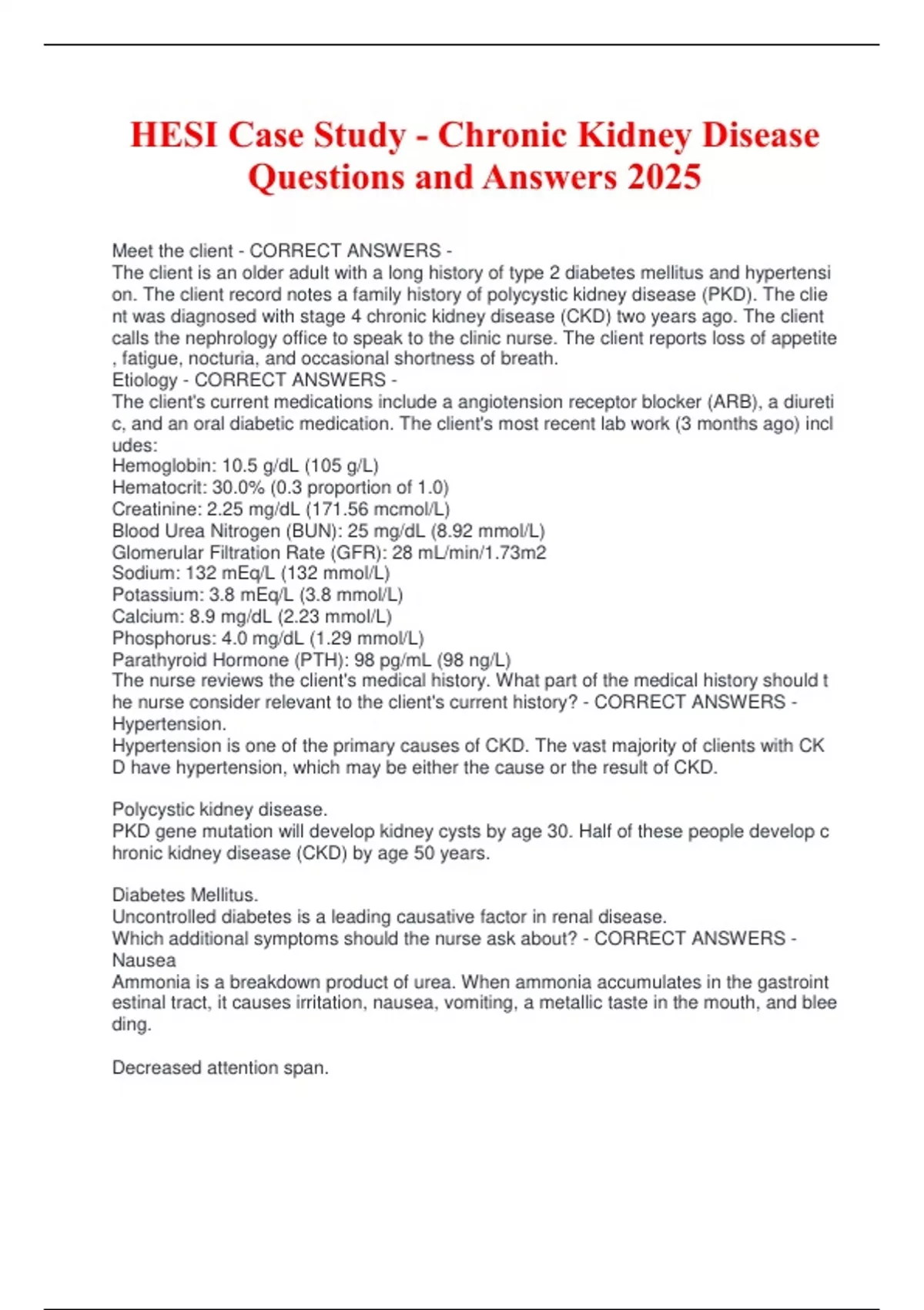 HESI Case Study - Chronic Kidney Disease Questions and Answers 2025 ...