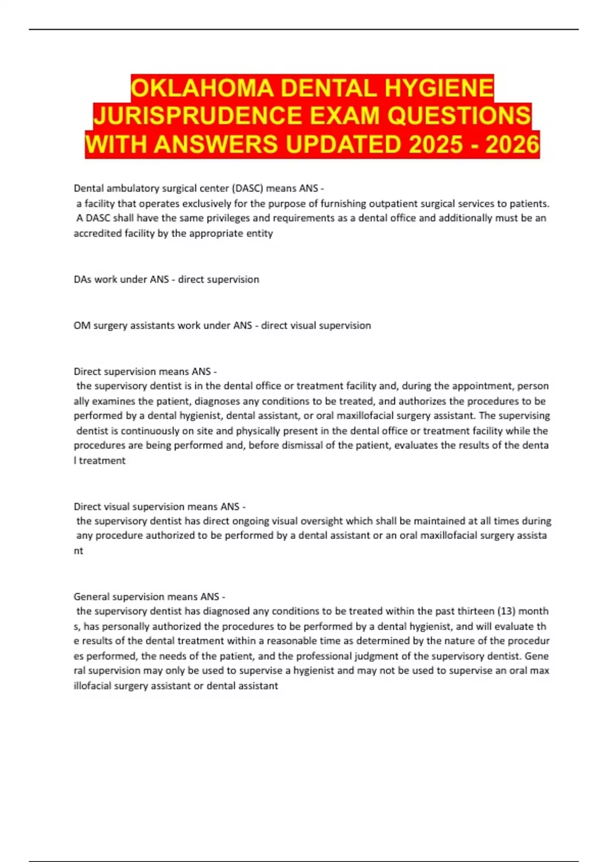 OKLAHOMA DENTAL HYGIENE JURISPRUDENCE EXAM QUESTIONS WITH ANSWERS ...