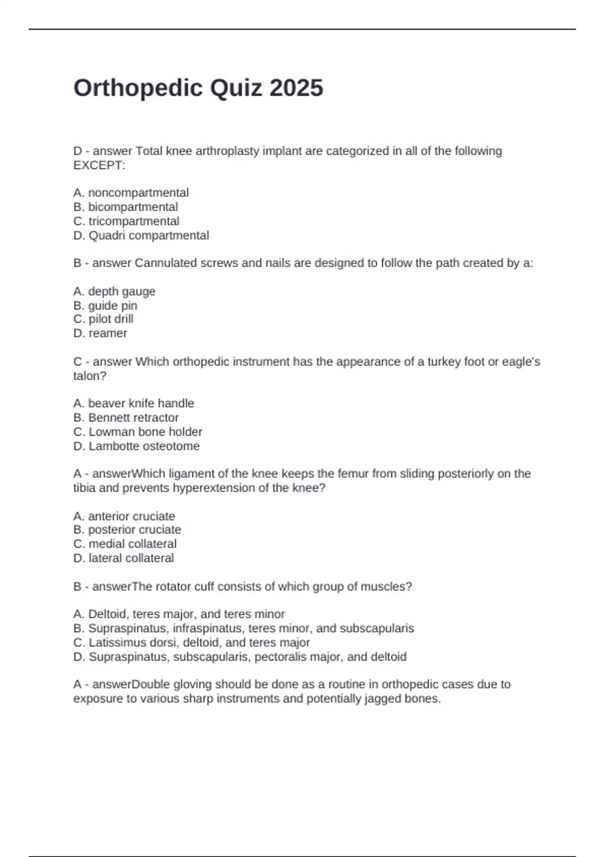 Orthopedic Quiz 2025 Questions and Answers 100% Solved - Orthopedic ...