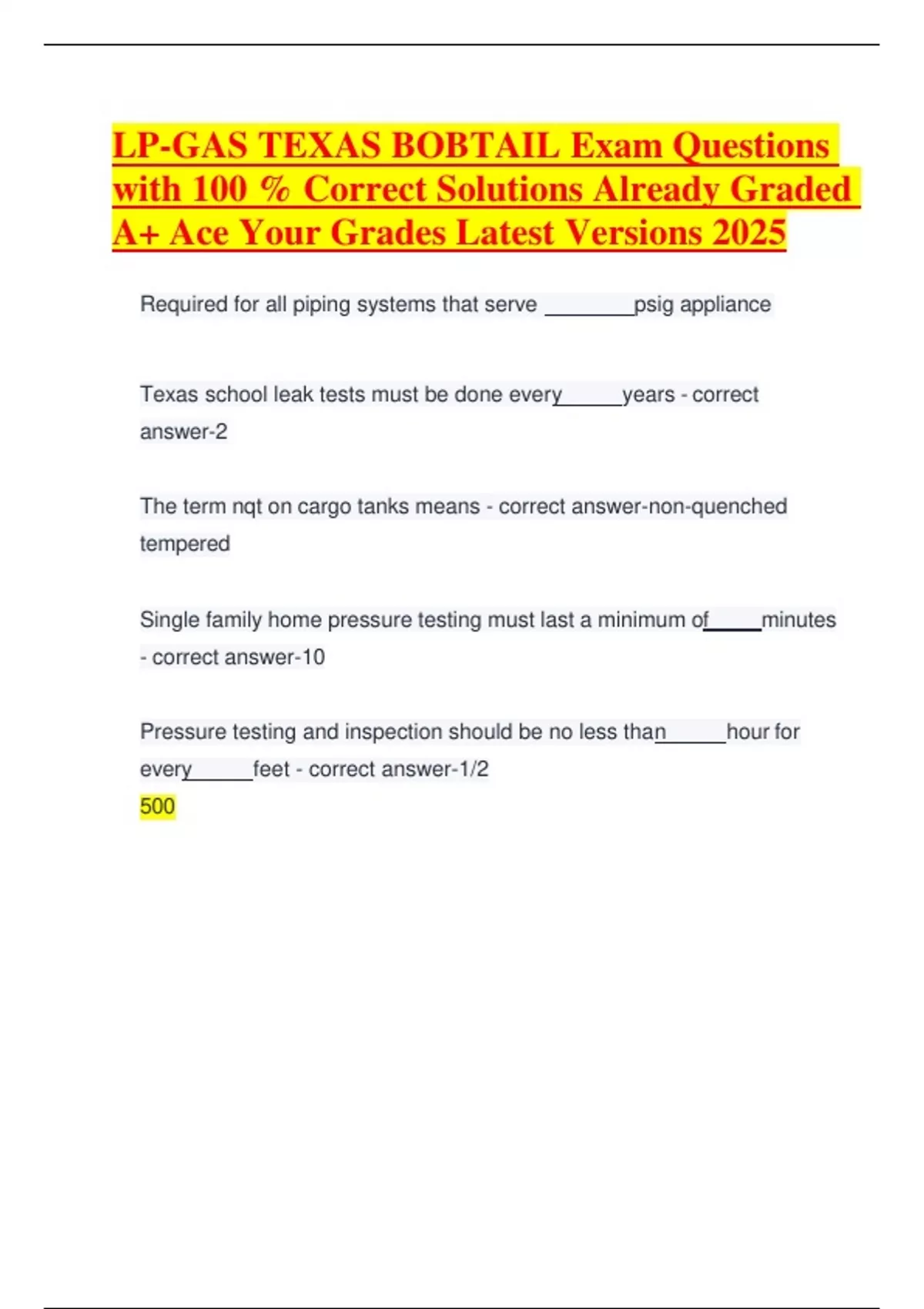 LP-GAS TEXAS BOBTAIL Exam Questions with 100 - Correct Solutions ...