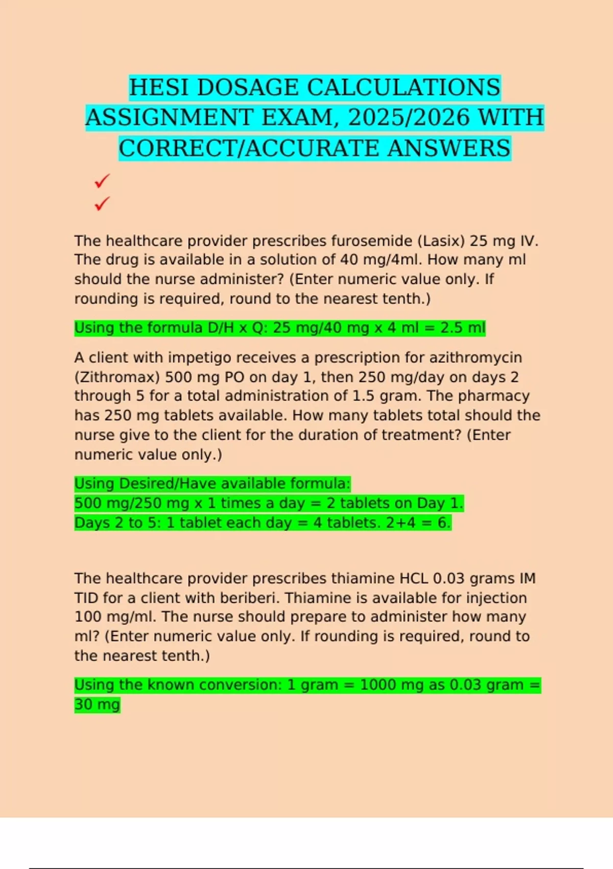 HESI DOSAGE CALCULATIONS ASSIGNMENT EXAM, 2025/2026 WITH CORRECT ...