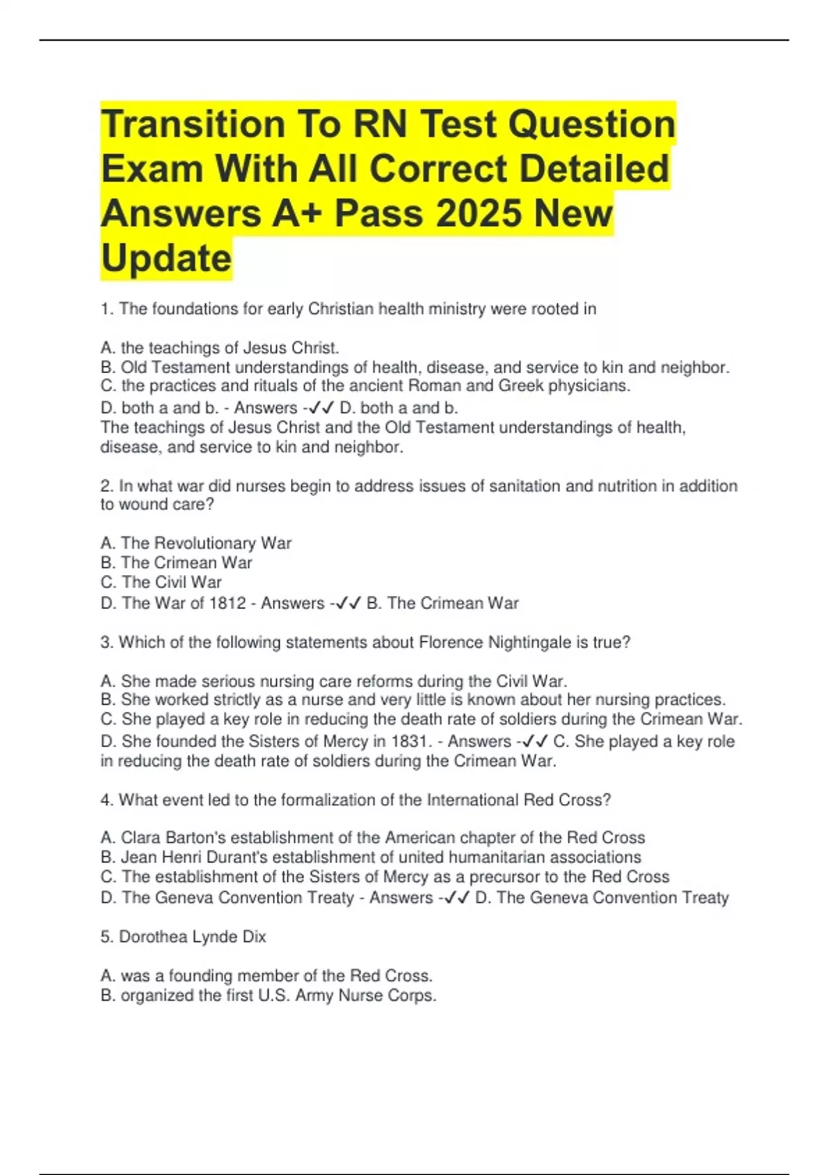Transition To RN Test Question Exam With All Correct Detailed Answers ...
