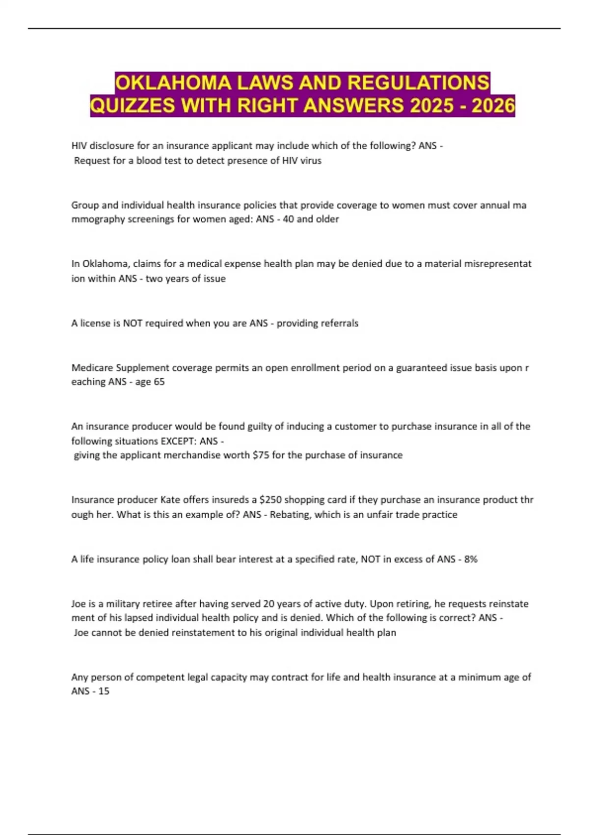OKLAHOMA LAWS AND REGULATIONS QUIZZES WITH RIGHT ANSWERS - Oklahoma ...