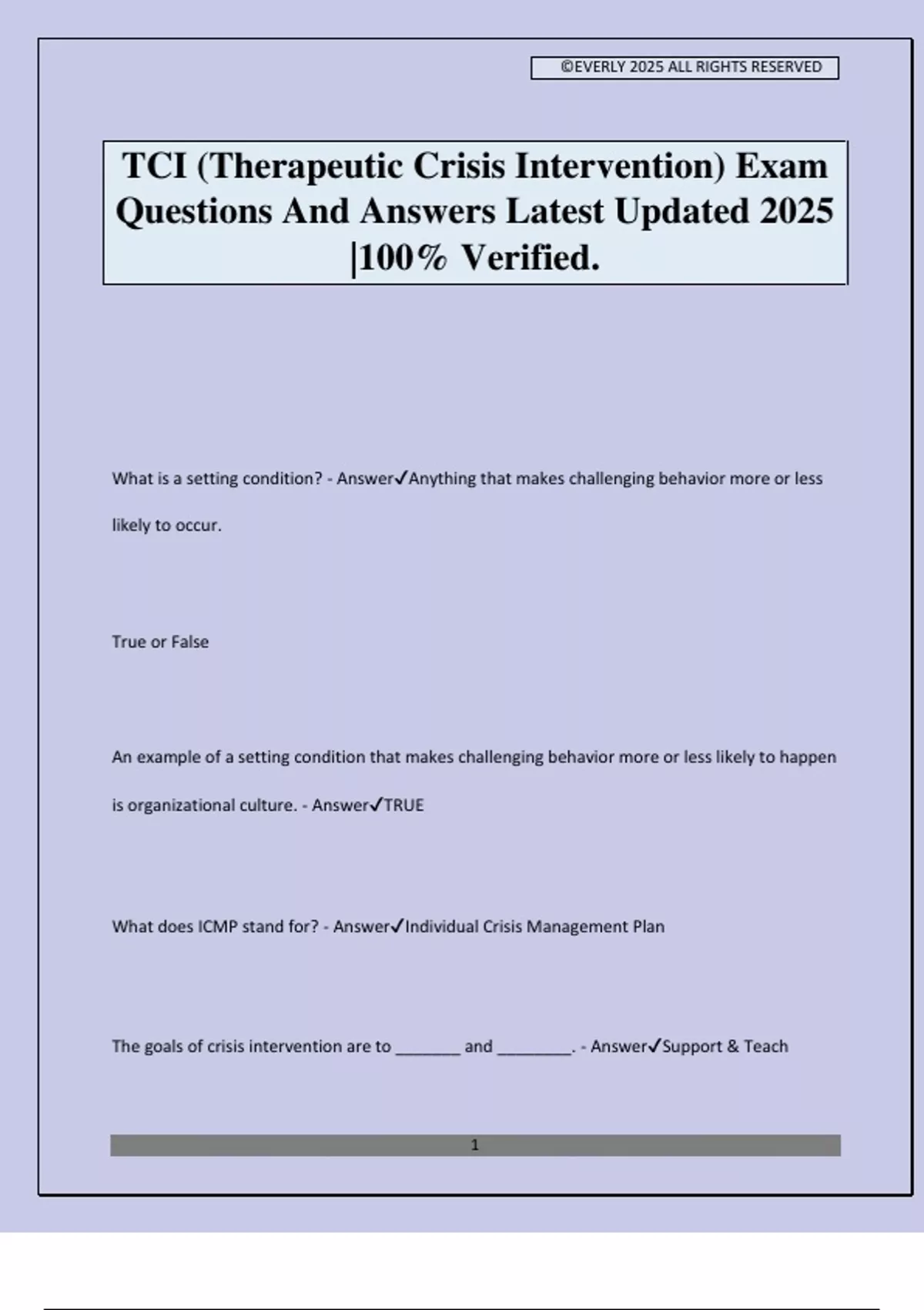 TCI (Therapeutic Crisis Intervention) Exam Questions And Answers Latest ...