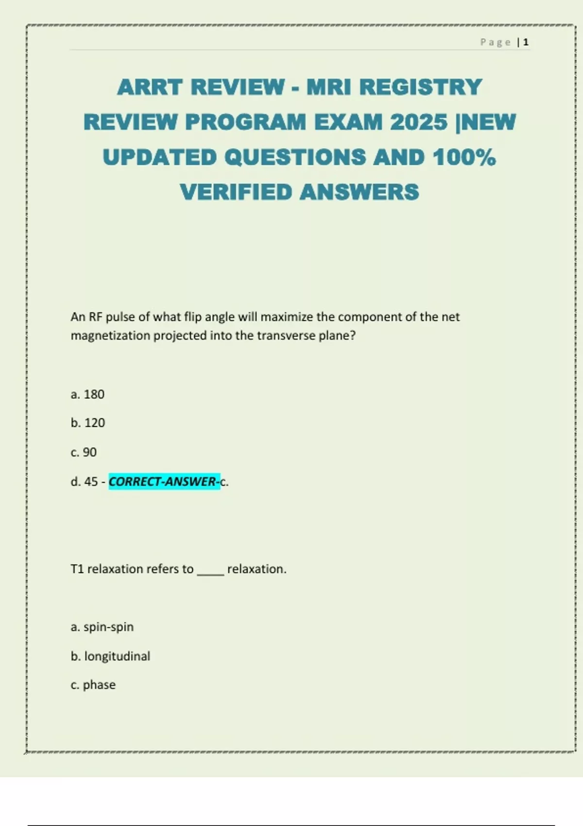 ARRT REVIEW - MRI REGISTRY REVIEW PROGRAM EXAM 2025 |NEW UPDATED QUESTIONS AND 100% VERIFIED ...