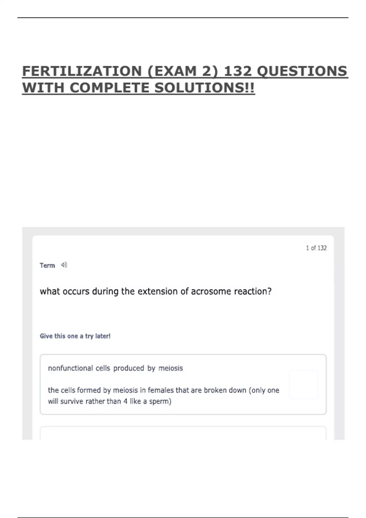 FERTILIZATION (EXAM 2) 132 QUESTIONS WITH COMPLETE SOLUTIONS ...