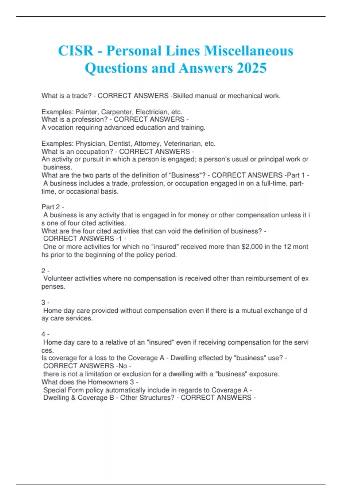CISR - Personal Lines Miscellaneous Questions and Answers 2025 - CISR ...