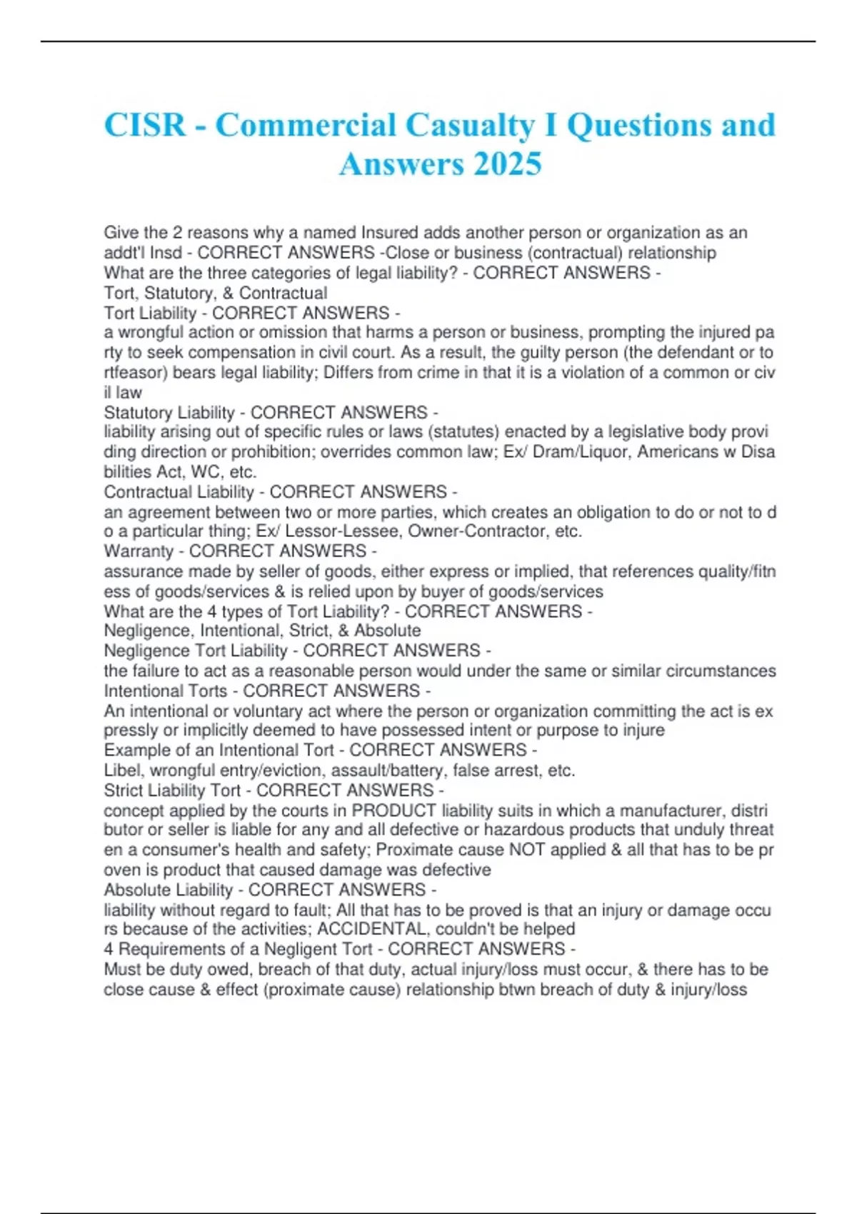 CISR - Commercial Casualty I Questions and Answers 2025 - CISR - Stuvia US