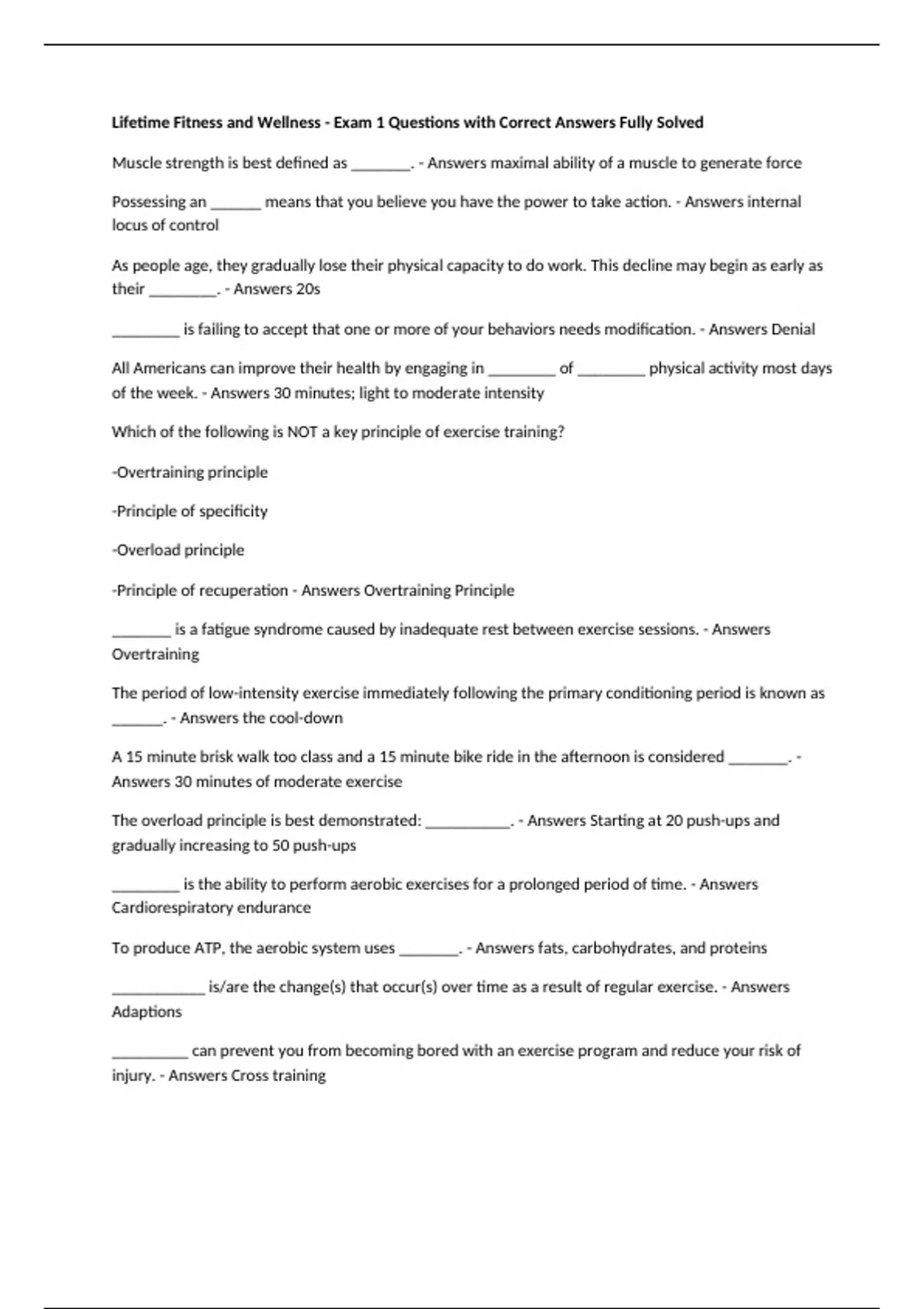 Lifetime Fitness and Wellness - Exam 1 Questions with Correct Answers ...