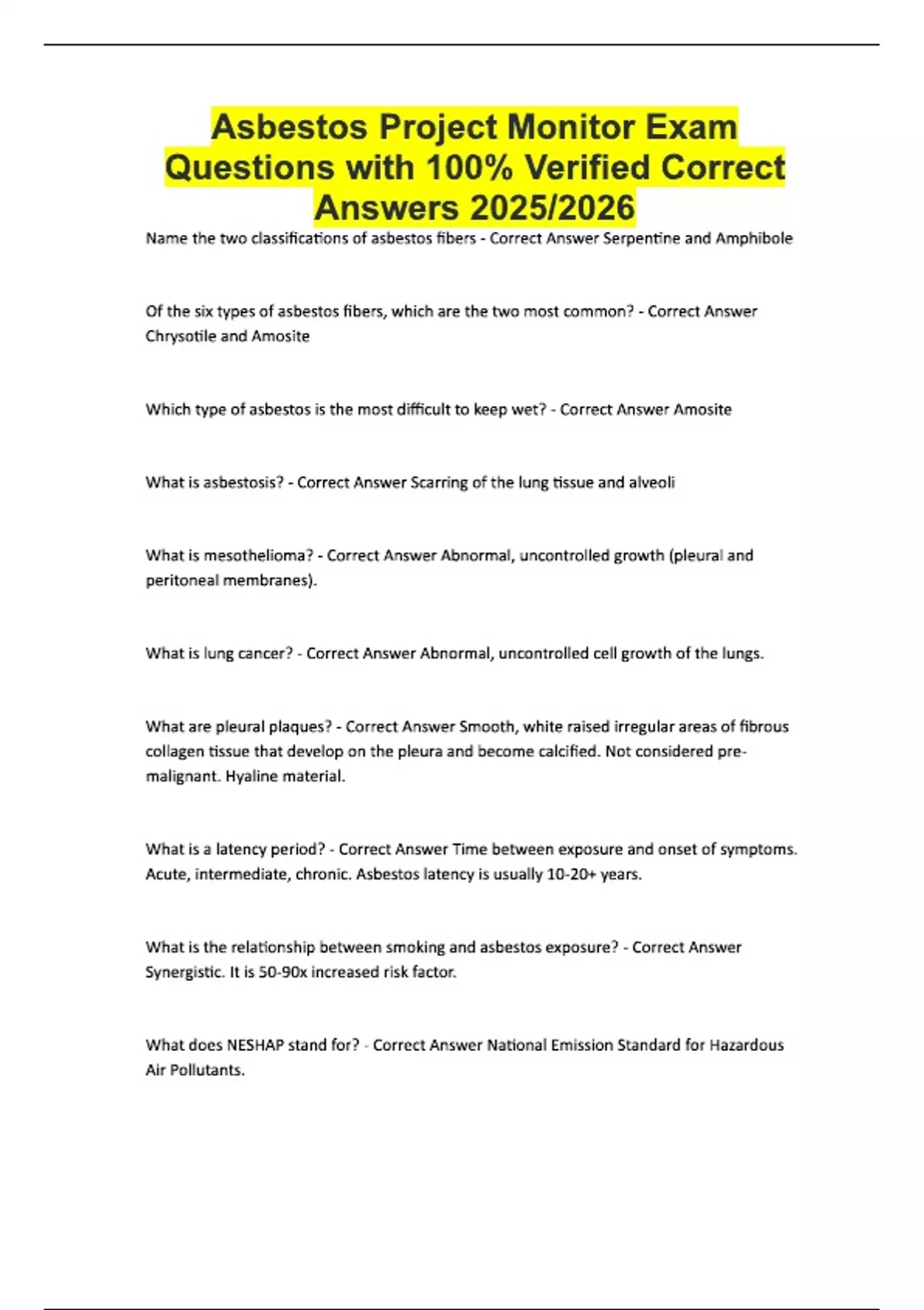 Asbestos Project Monitor Exam Questions with 100% Verified Correct ...