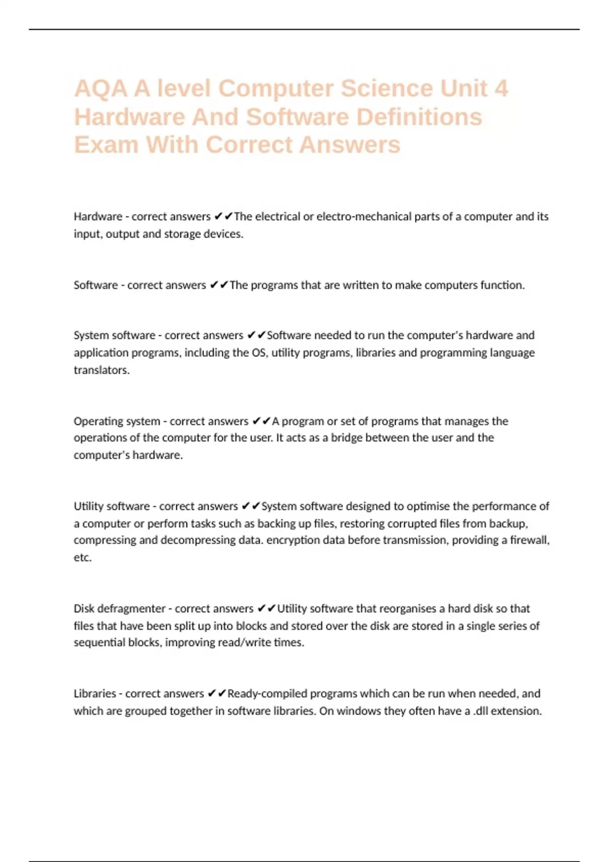 AQA A level Computer Science Unit 4 Hardware And Software Definitions ...