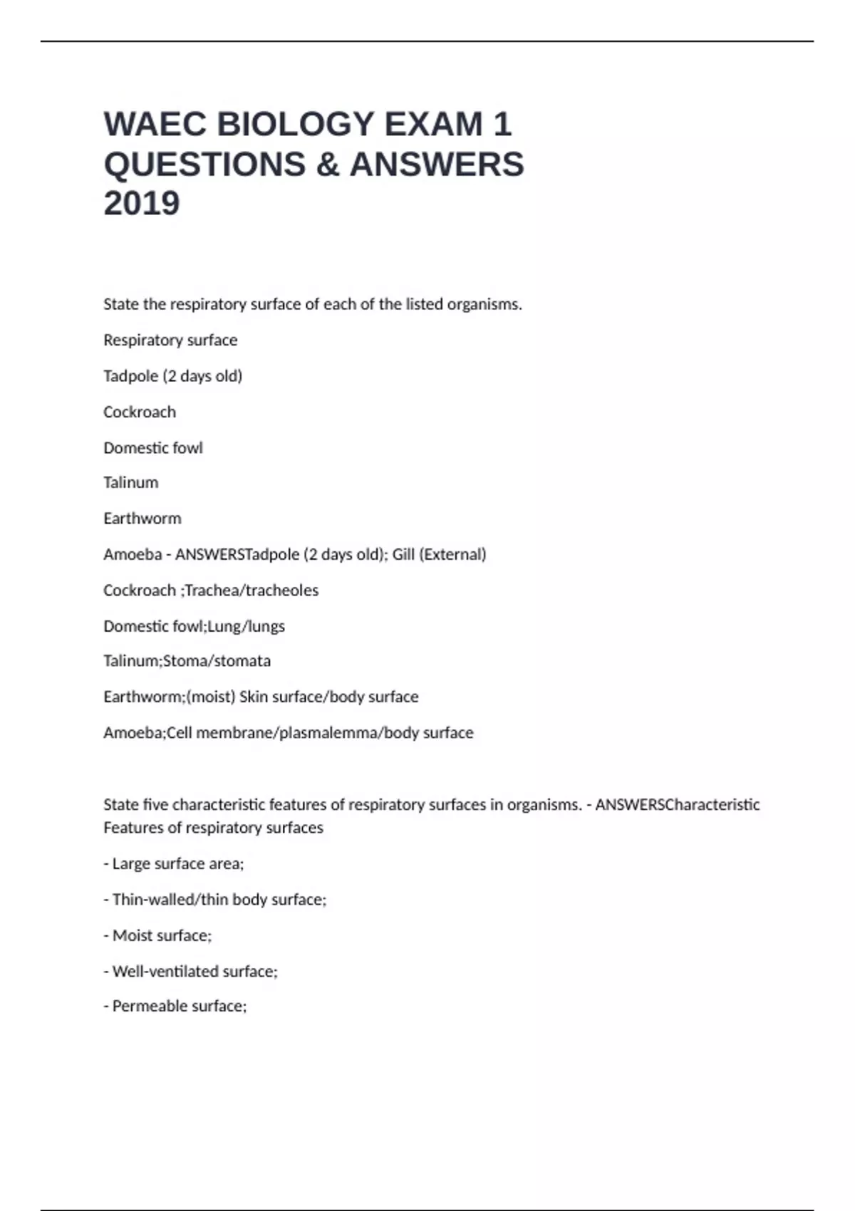 WAEC BIOLOGY EXAM 1 QUESTIONS & ANSWERS 2019 - WAEC BIOLOGY - Stuvia US