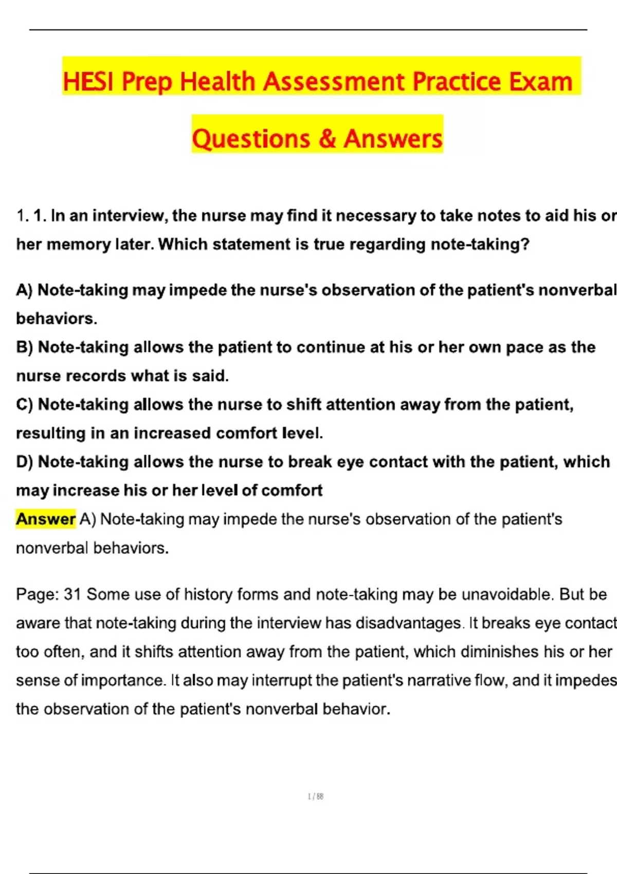 HESI Prep - Health Assessment Practice Questions Exam 2025 Actual with ...