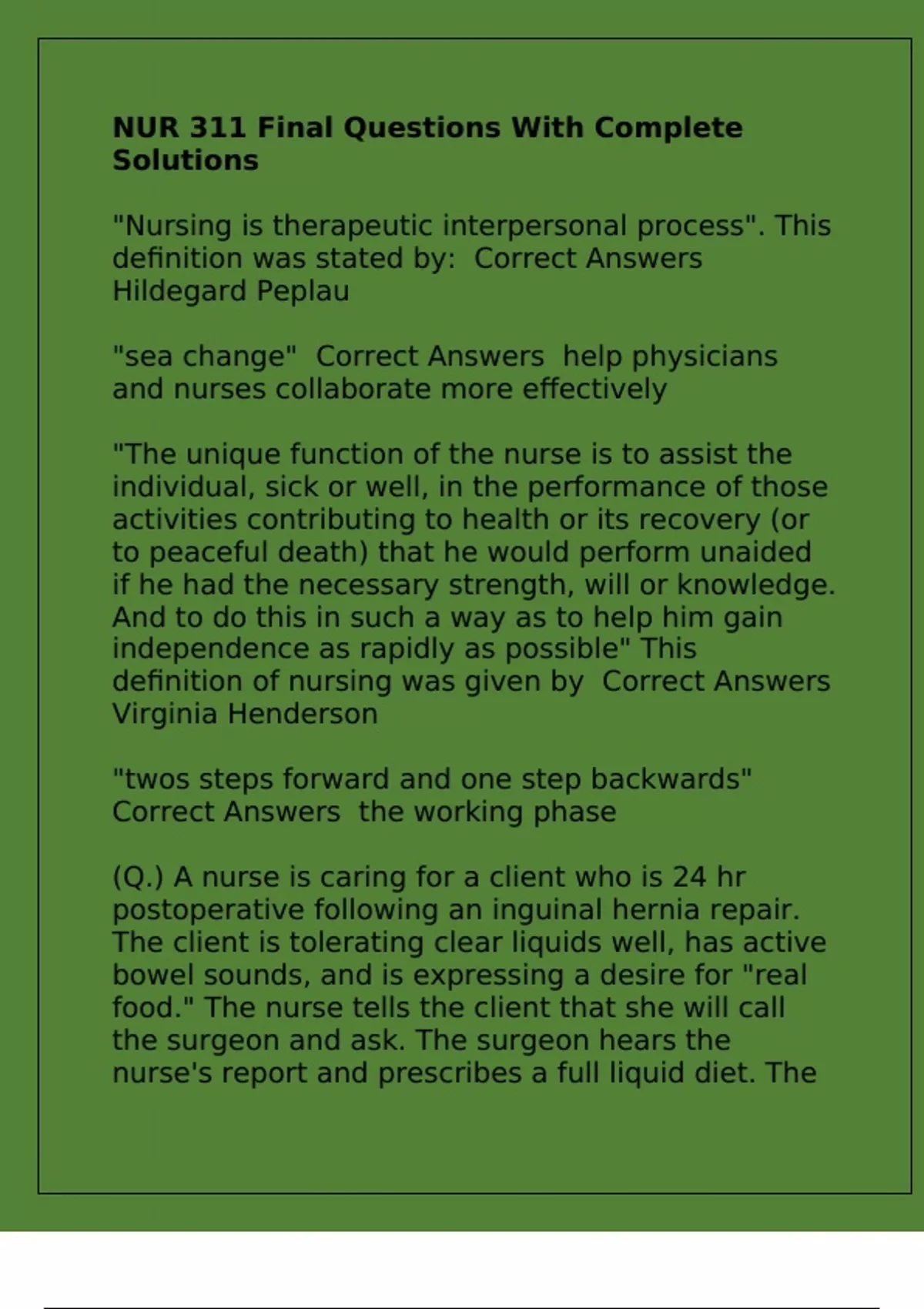 NUR 311 Final Questions With Complete Solutions - NUR 311 - Stuvia US