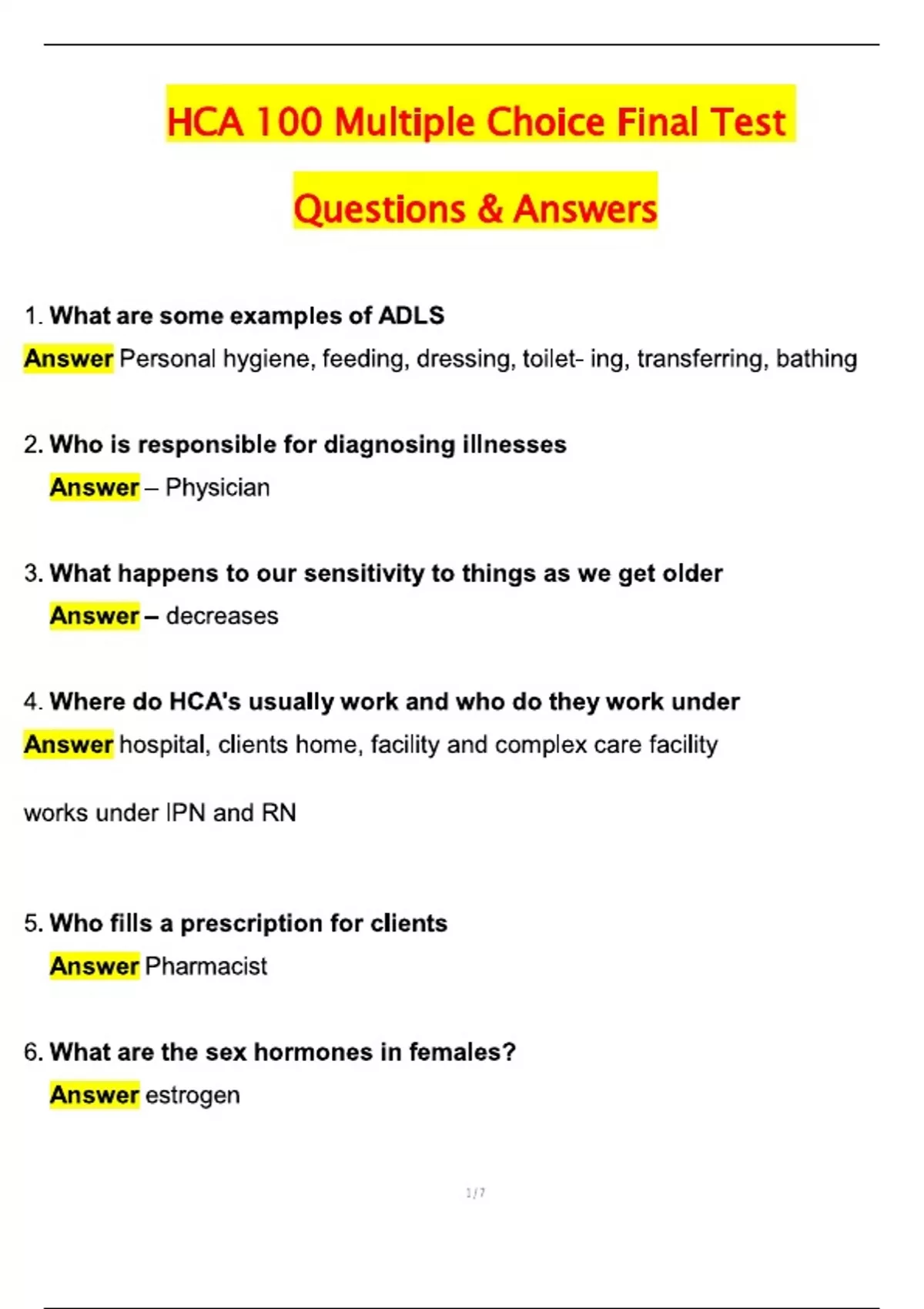 HCA 100 FINAL TEST Multiple Choice 2025 Actual with Questions & Answers ...