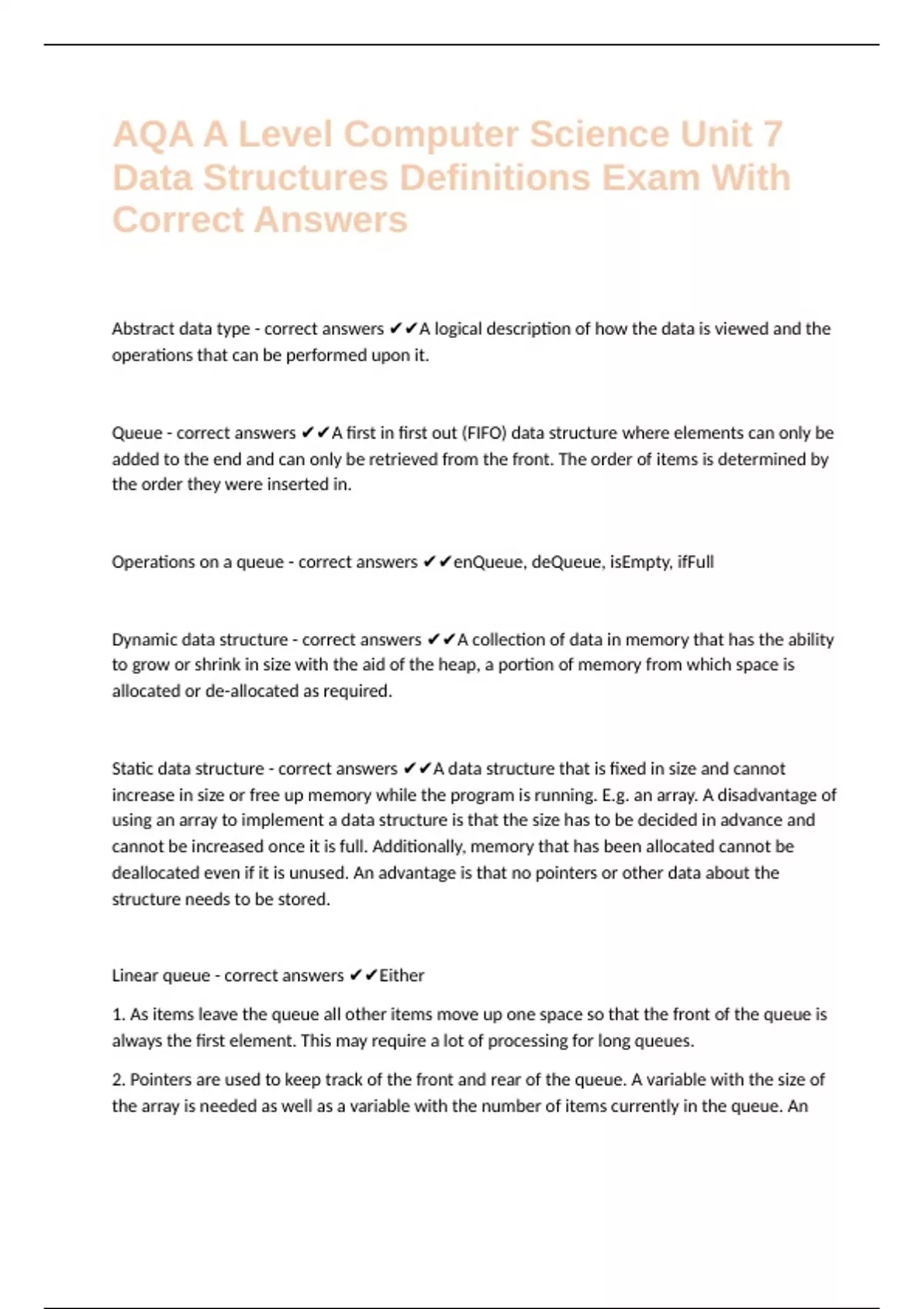 AQA A Level Computer Science Unit 7 Data Structures Definitions Exam ...