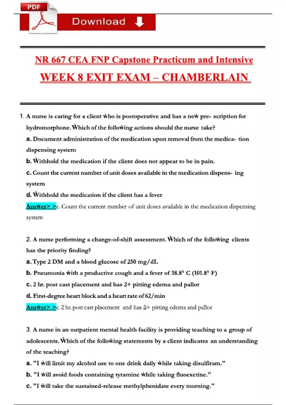 NR 667 CEA FNP Capstone Practicum and Intensive WEEK 8 EXIT EXAM ...