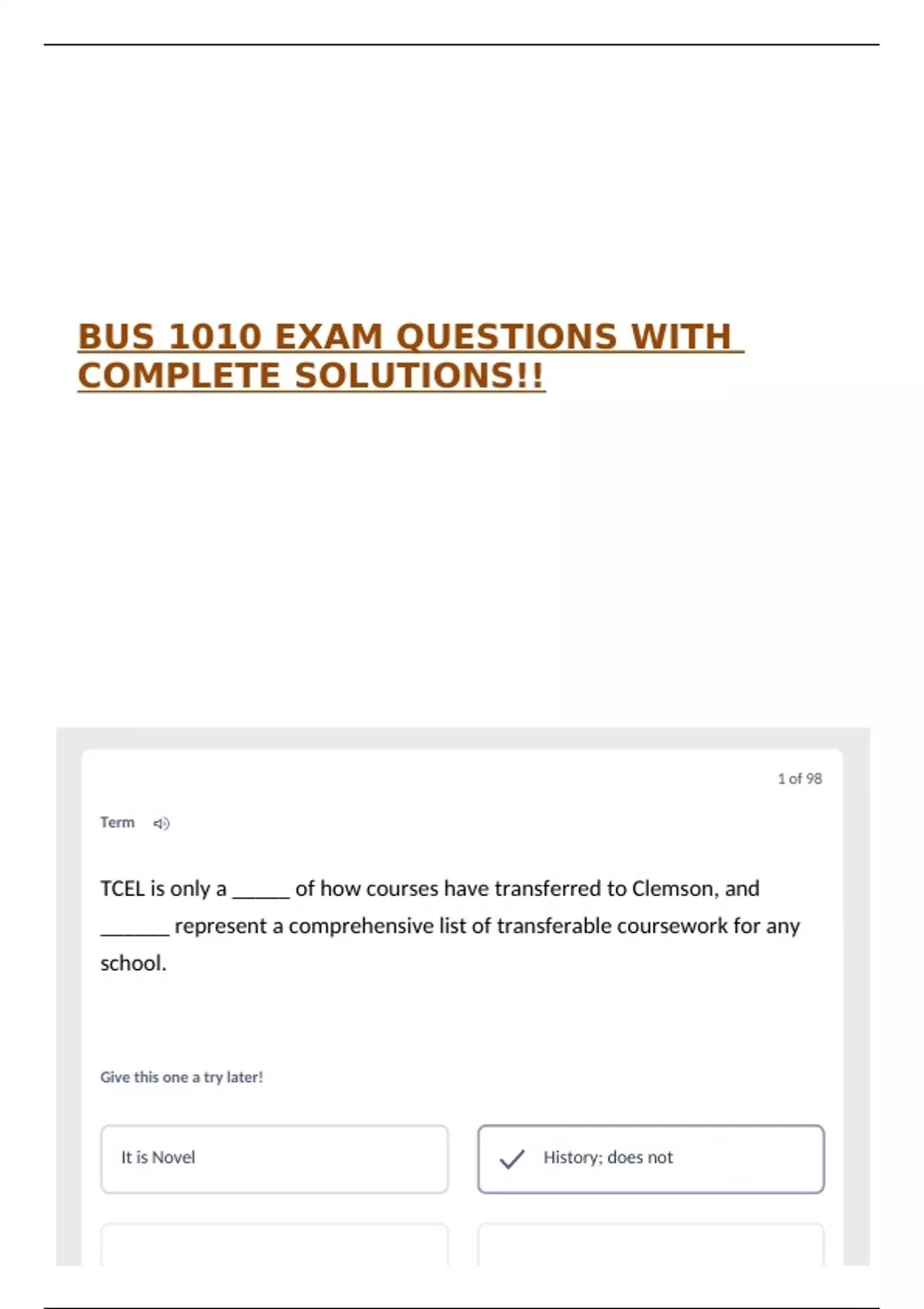 BUS 1010 EXAM QUESTIONS WITH COMPLETE SOLUTIONS!! - BUS 1010 - Stuvia US