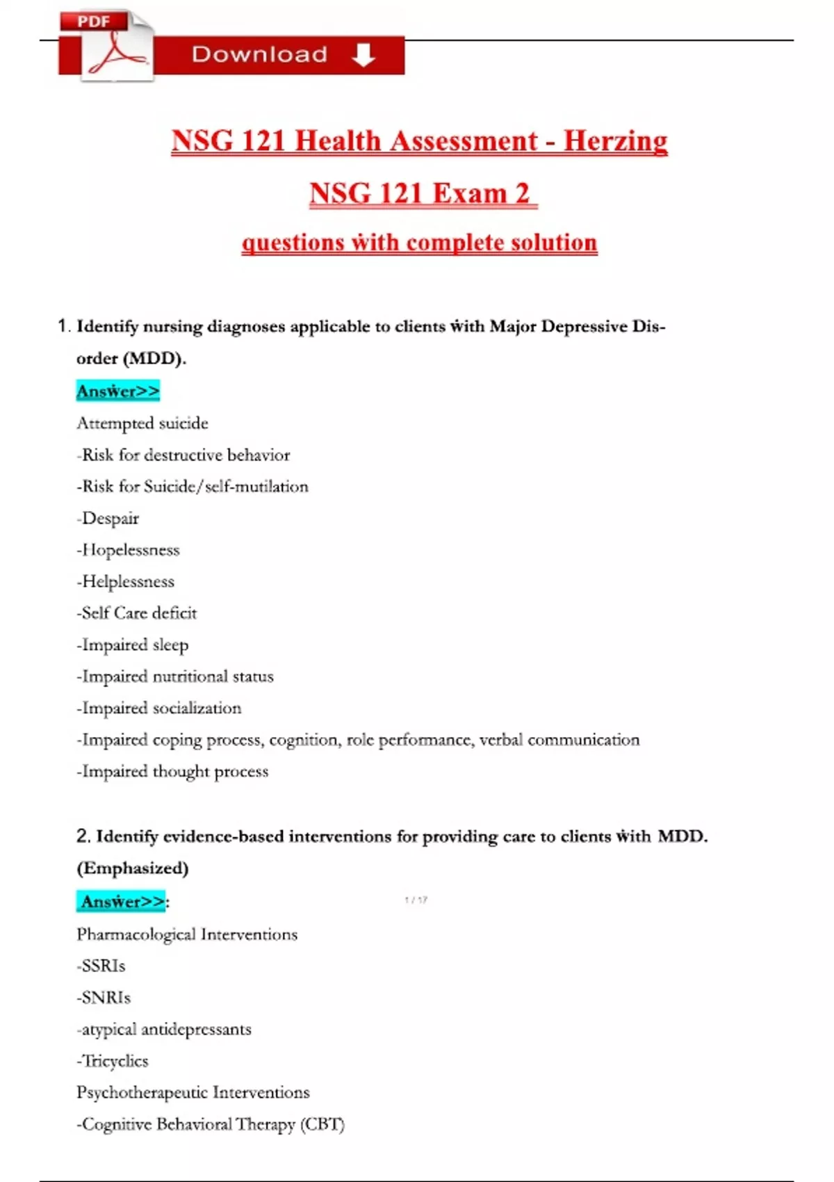 NSG 121 Health Assessment - Herzing NSG 121 Exam 2 (Latest 2025 / 2026 ...