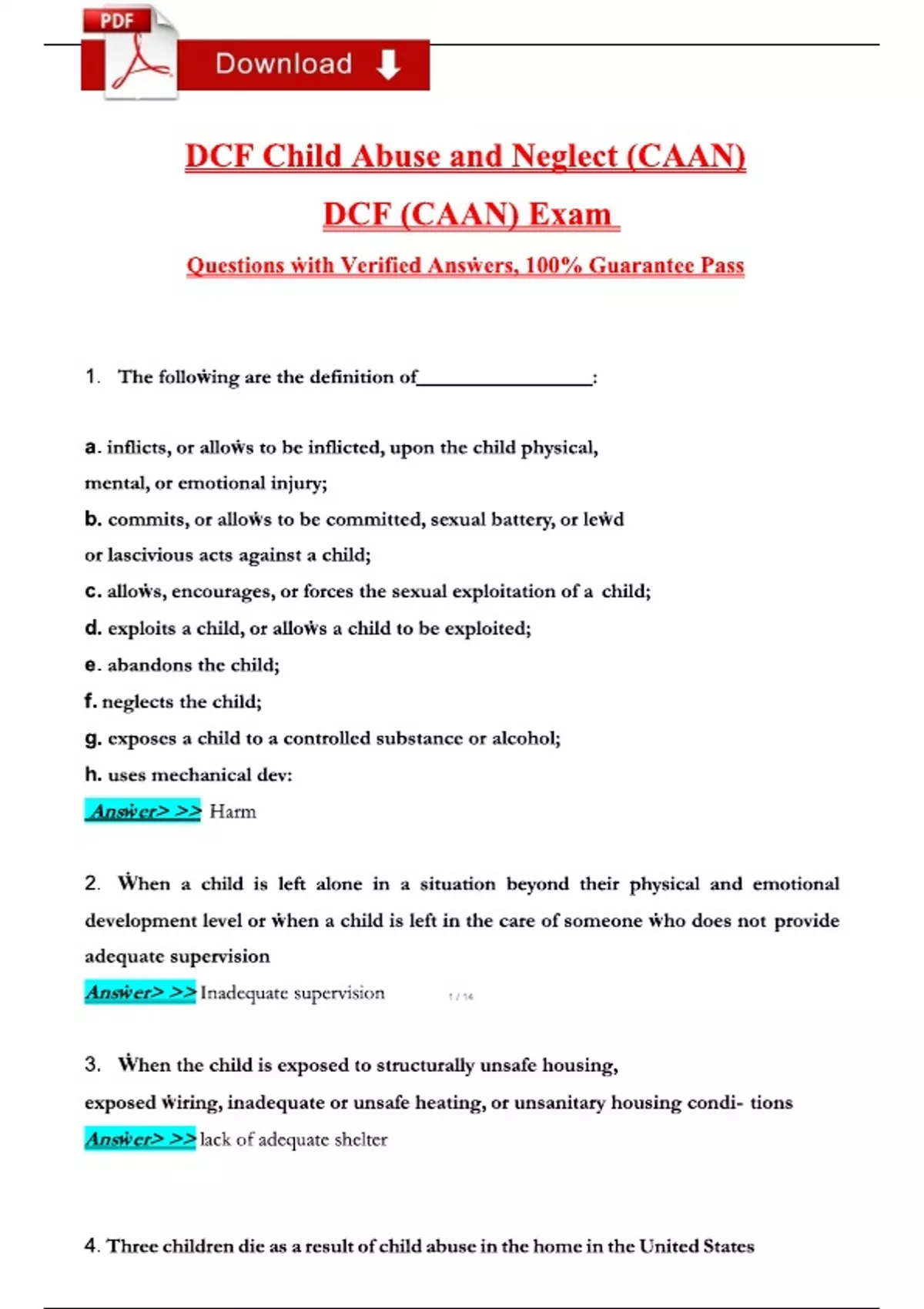 DCF Child Abuse and Neglect (CAAN) DCF (CAAN) Exam (Latest 2025 / 2026 ...